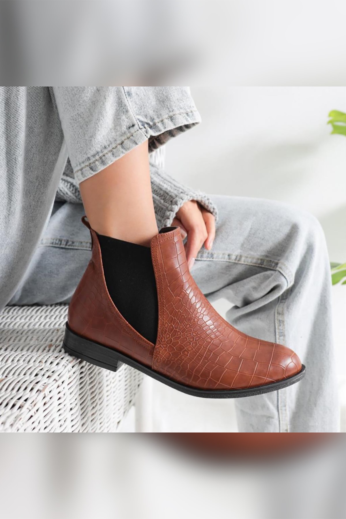 Limoya Kadın Taba Kroko Desenli Lastikli Bot