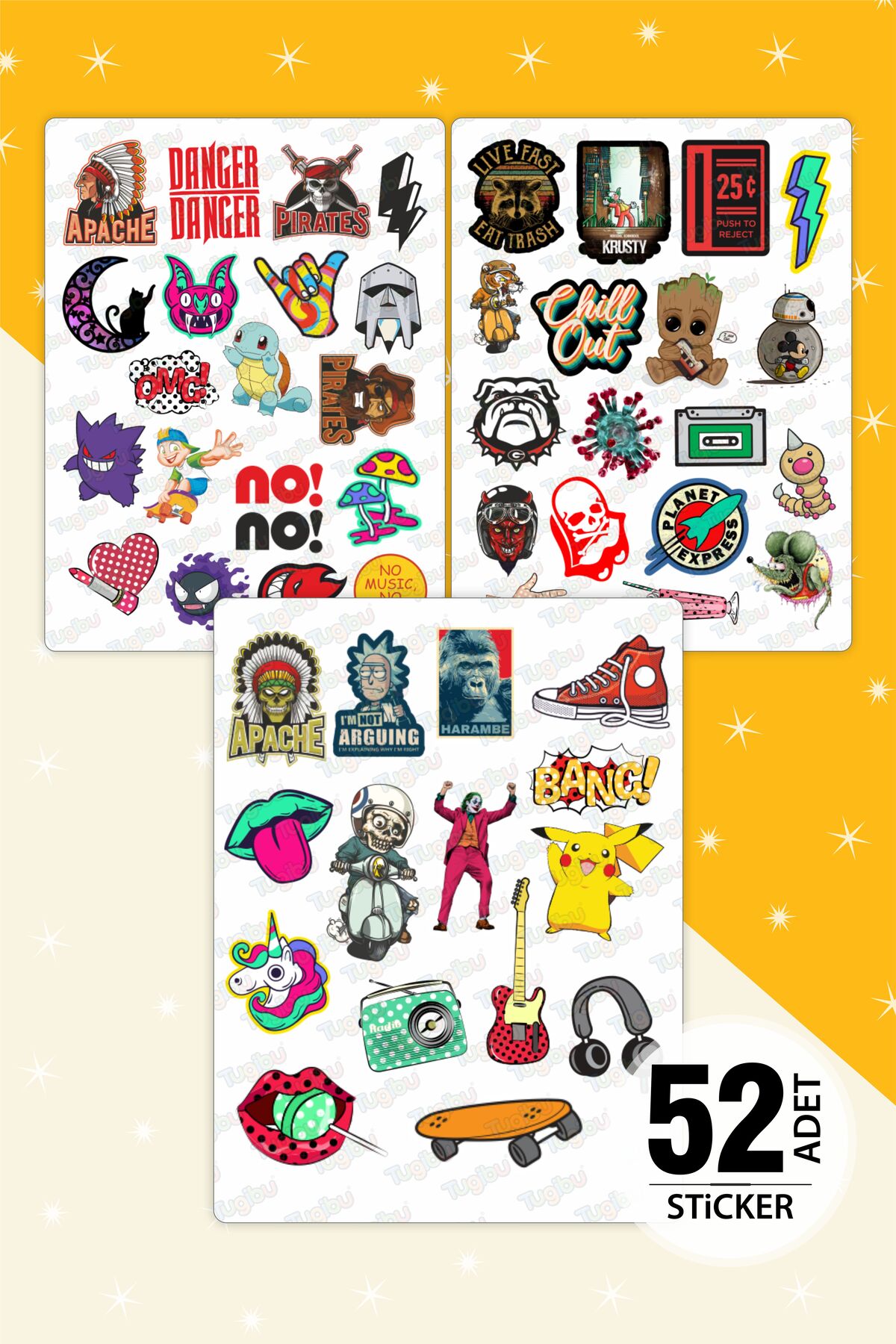 TUGİBU Karışık Figürler Sticker Seti, Karma Sticker Seti, 52 Adet Figür ...