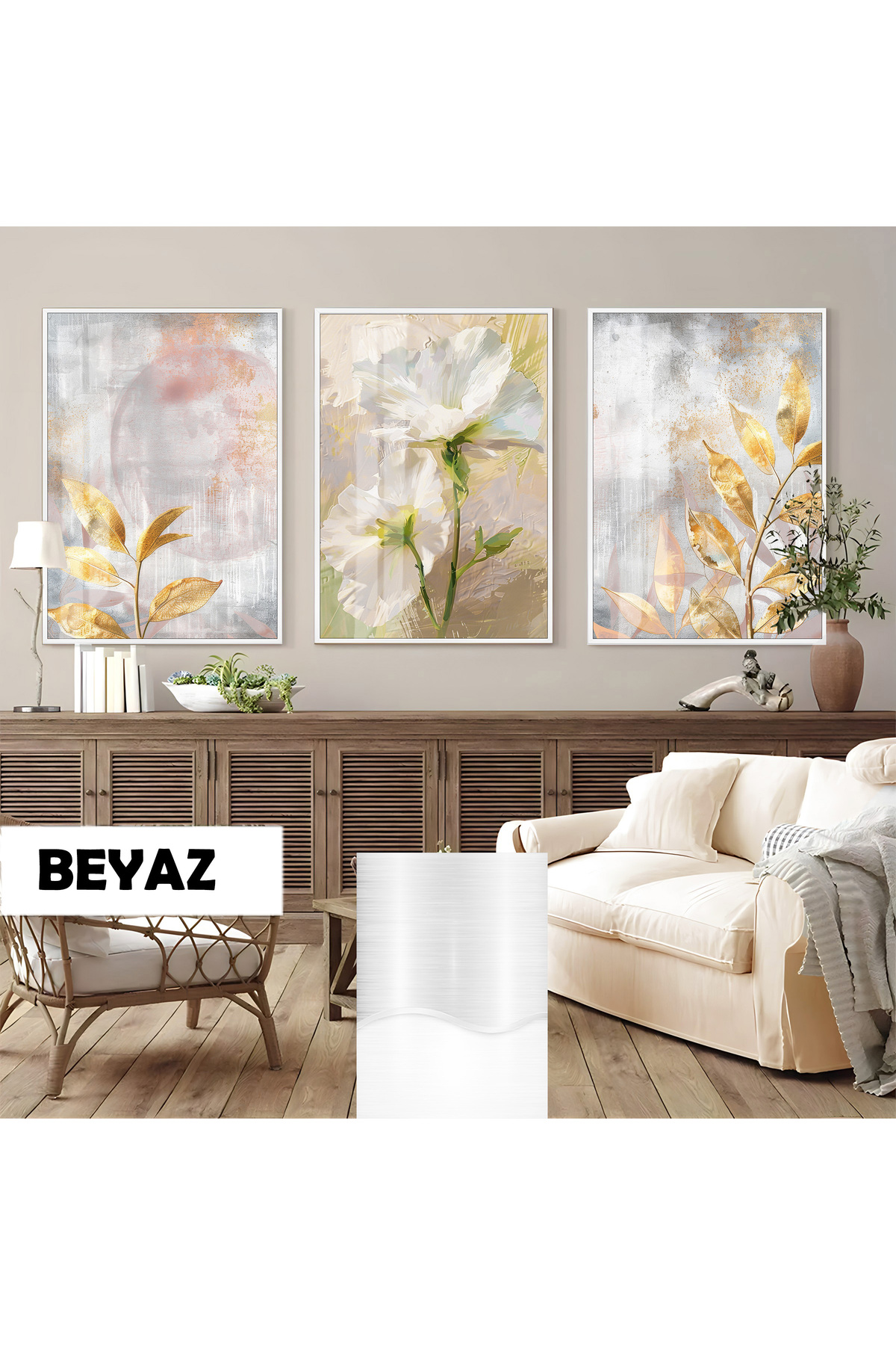 Harikabirev HARİKABİREV|GOLD DETAYLI ABSTRACT BEYAZ ÇİÇEK KOMBİNİ ...