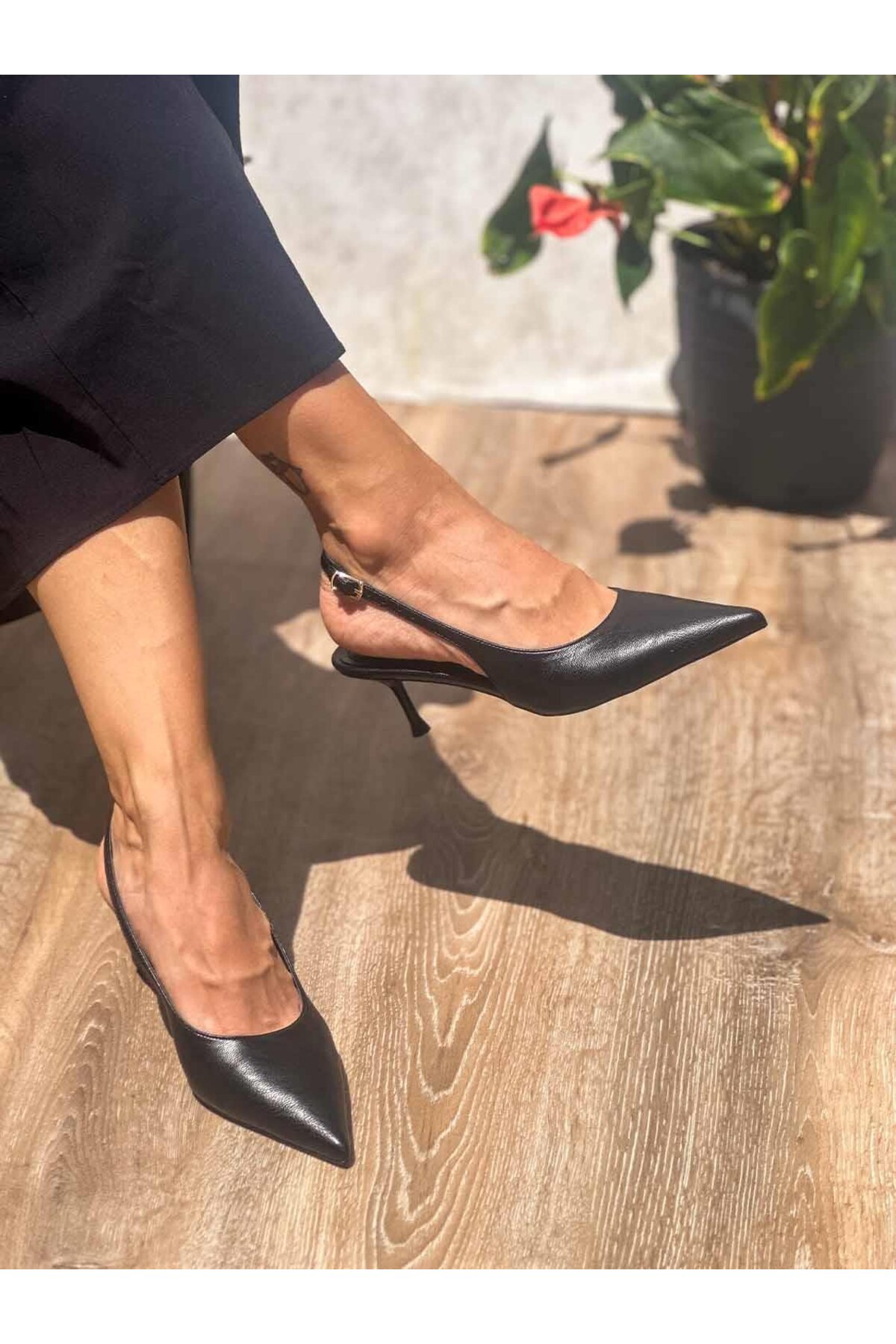 SİBA SHOES Luna Arkası Açık Siyah Sivri Burun Kısa İnce Topuklu ...