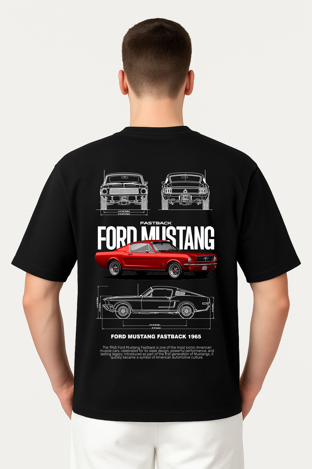 Aygır 1965 Ford Mustang Fastback Oversize Baskılı Tişört Siyah - Unisex ...