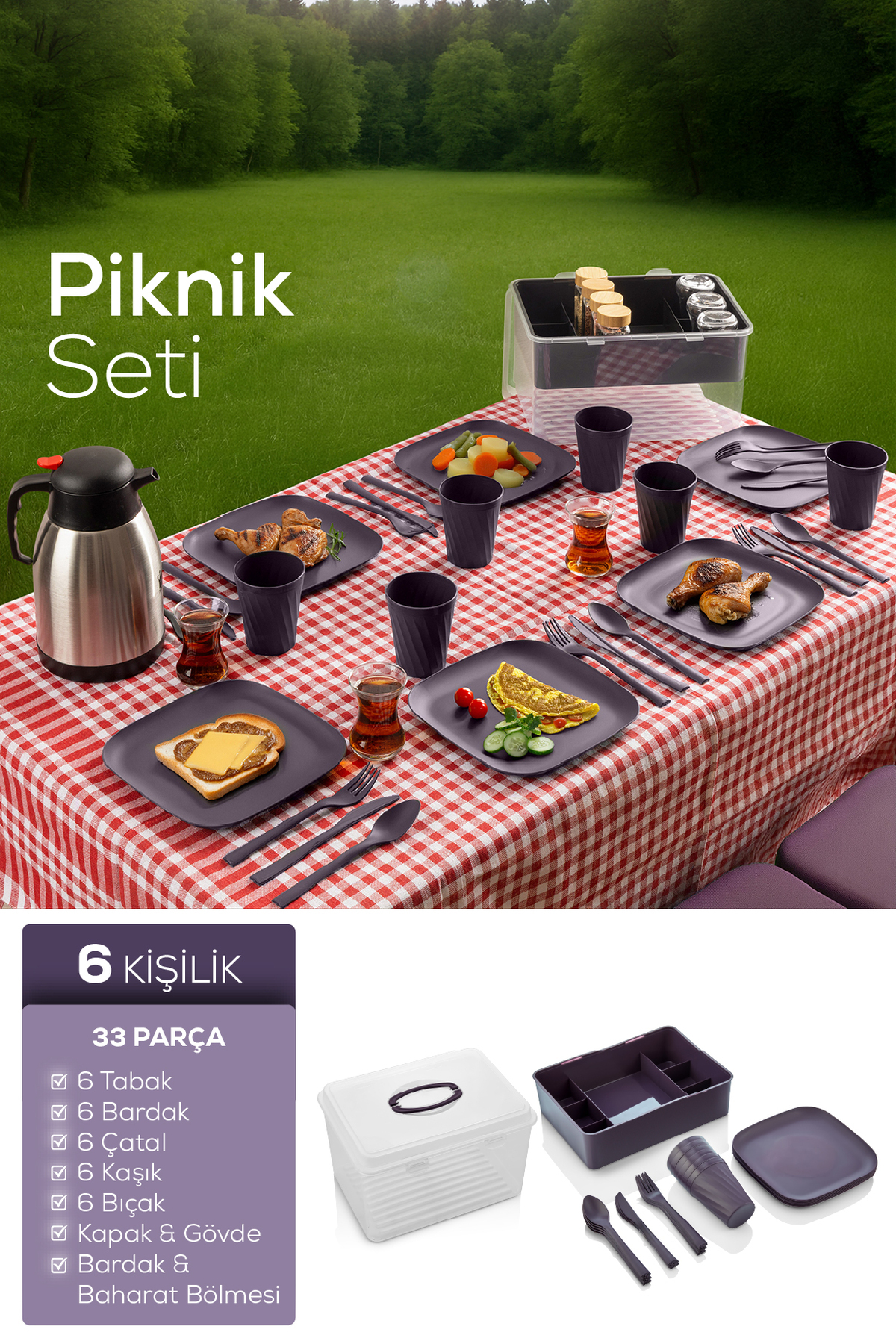 Vienev 33 Parça 6 Kişilik Piknik Seti Mor - Fiyatı, Yorumları