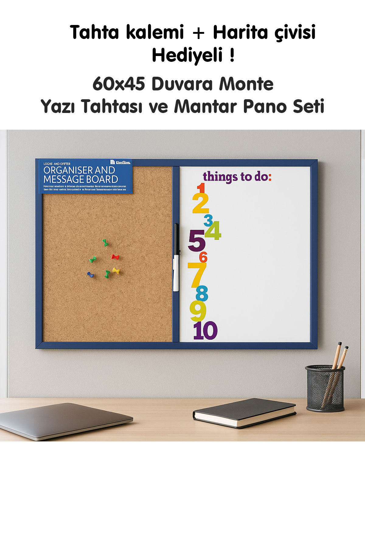 Venino 60x45 Duvara Monte Mantar Pano ve Yazı Tahta Seti + Harita ...