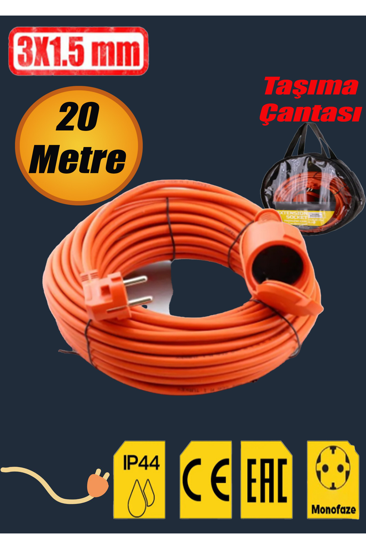 NUBLADO Uzatma Kablosu 3x1.5 Mm 20 Metre Topraklı Cca Kablolu Tekli Grup Fiş Priz Kapaklı ...