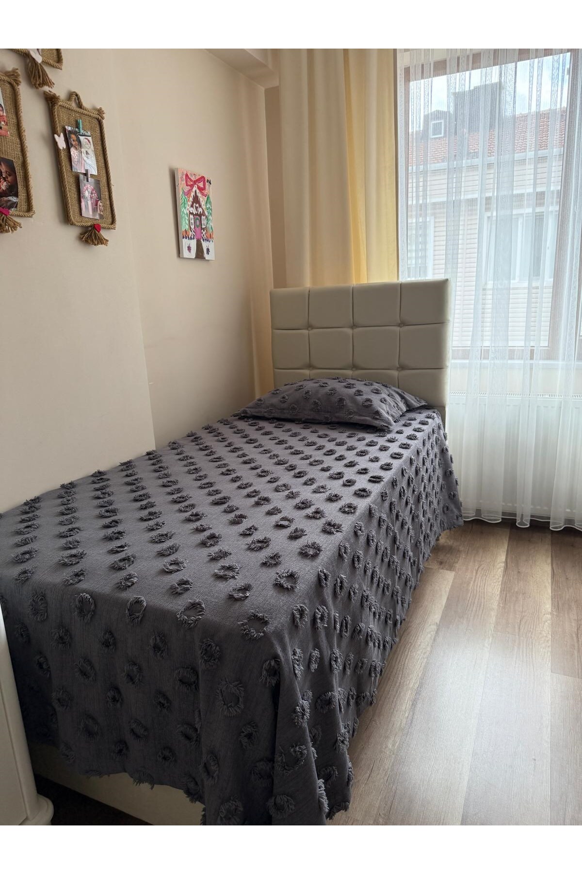 Tly Home Textiles Tek kişilik antrasit gri ponponlu yatak örtüsü takımı ...