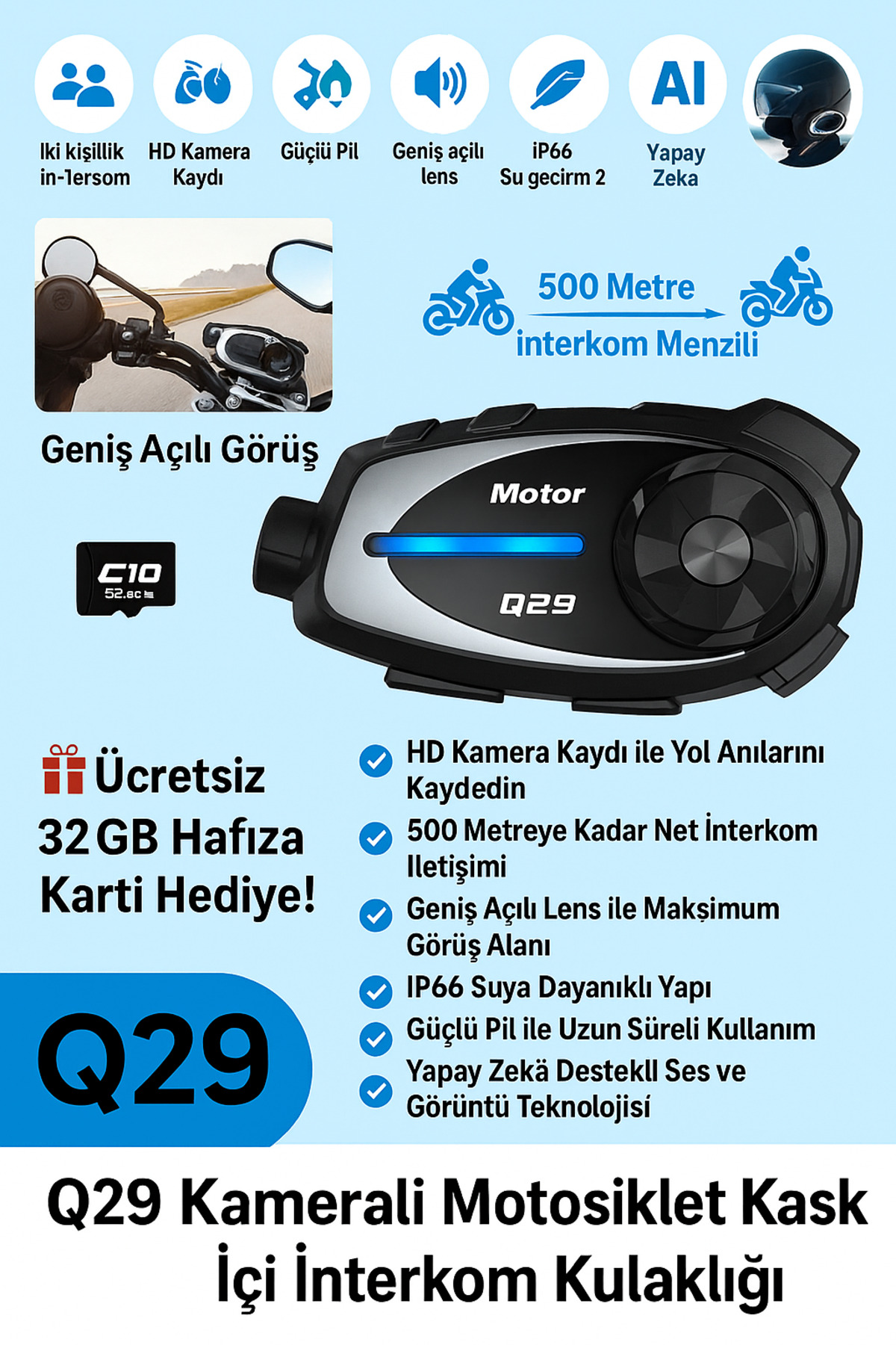 electroawm Q29 Kameralı Motosiklet İnterkom Kulaklığı Geniş Açılı Görüş ...