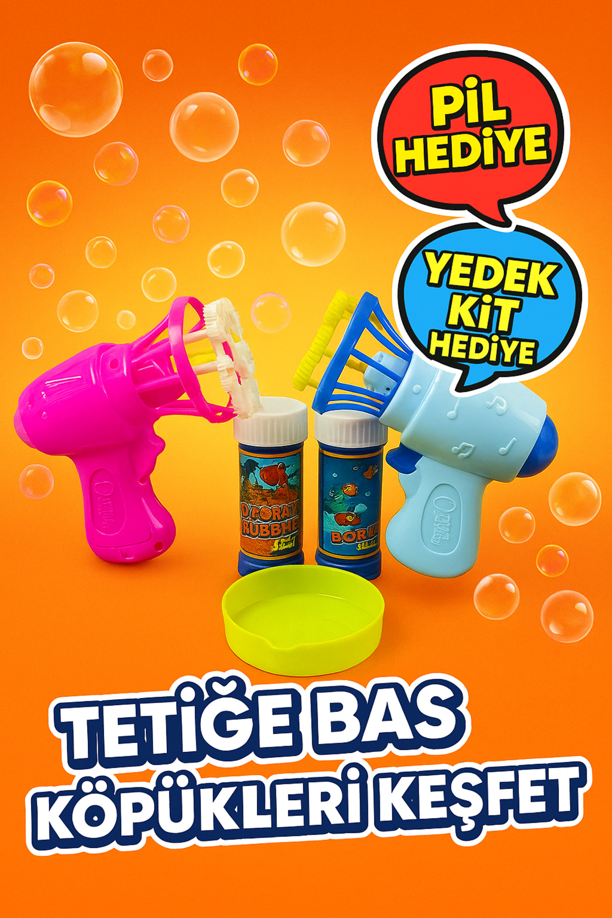 Ayver BUBBLE GUN PİLLİ KÖPÜK BALONCUK TABANCASI PİL VE YEDEK KİT ...