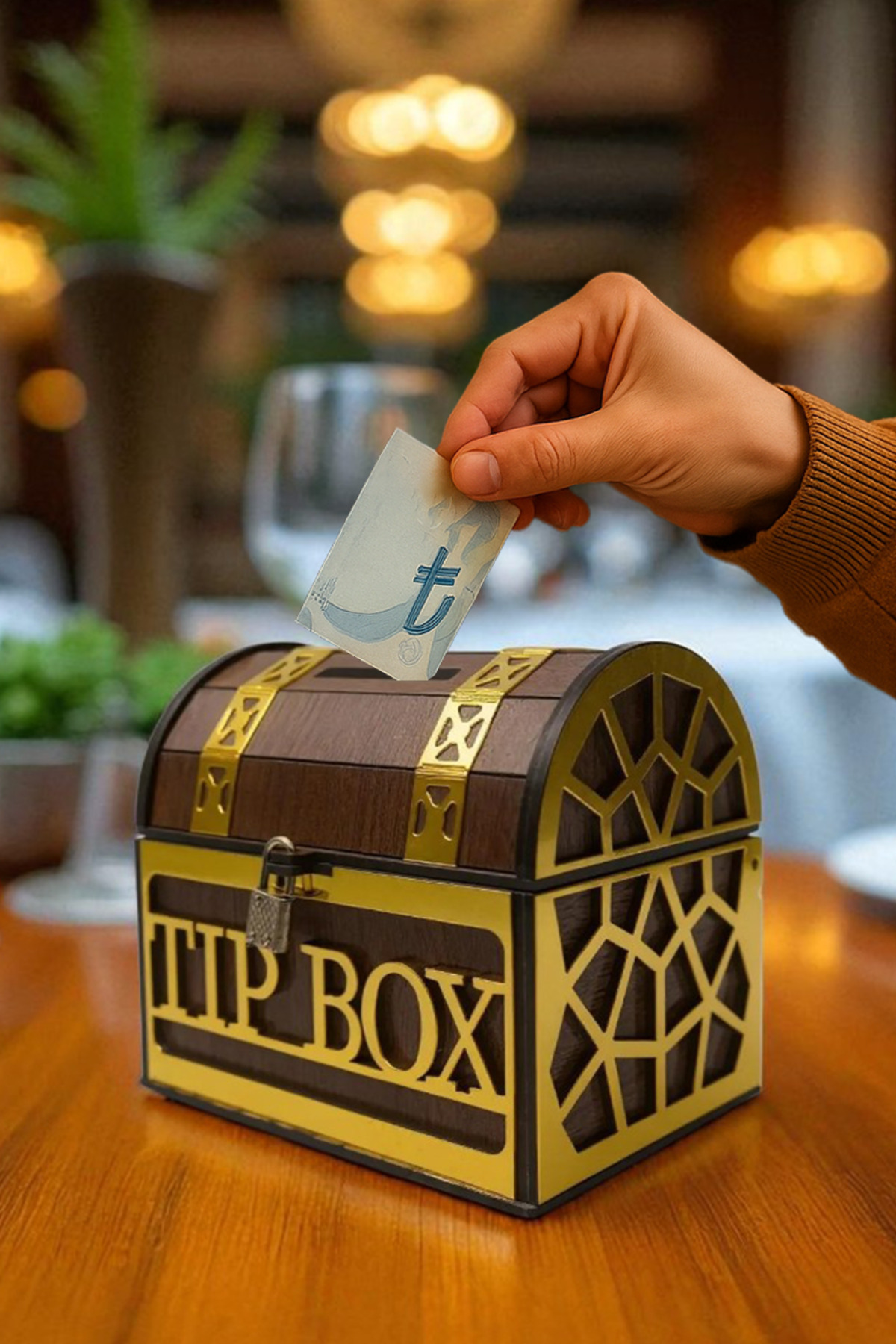 sly - Tip Box- Bahşiş Kutusu - Kumbara “Sandık Tipi Tipbox” Ceviz Renk GOLD PLEKSİLİ MODEL ...