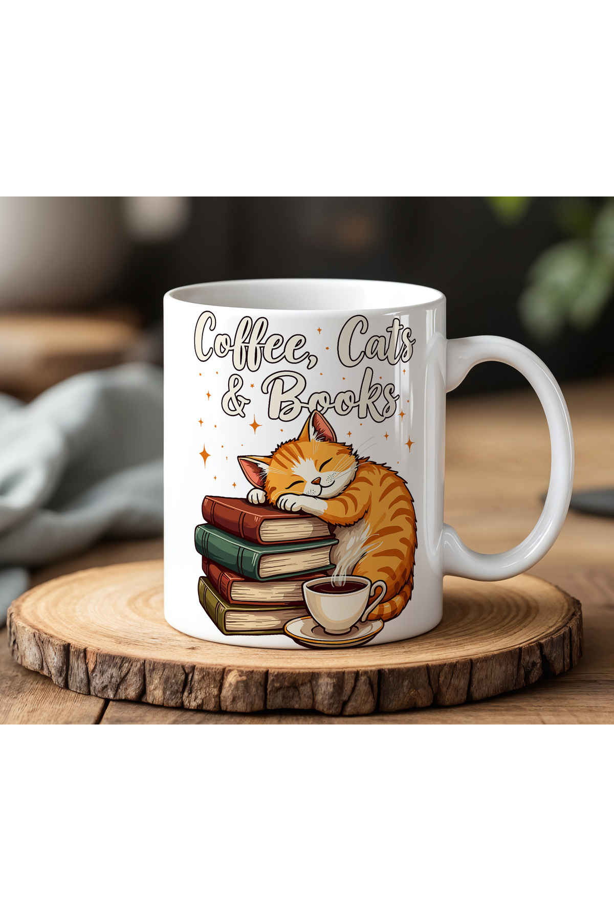 Genel Markalar Coffee Cats Books Tasarımlı Beyaz Seramik Baskılı Kupa ...