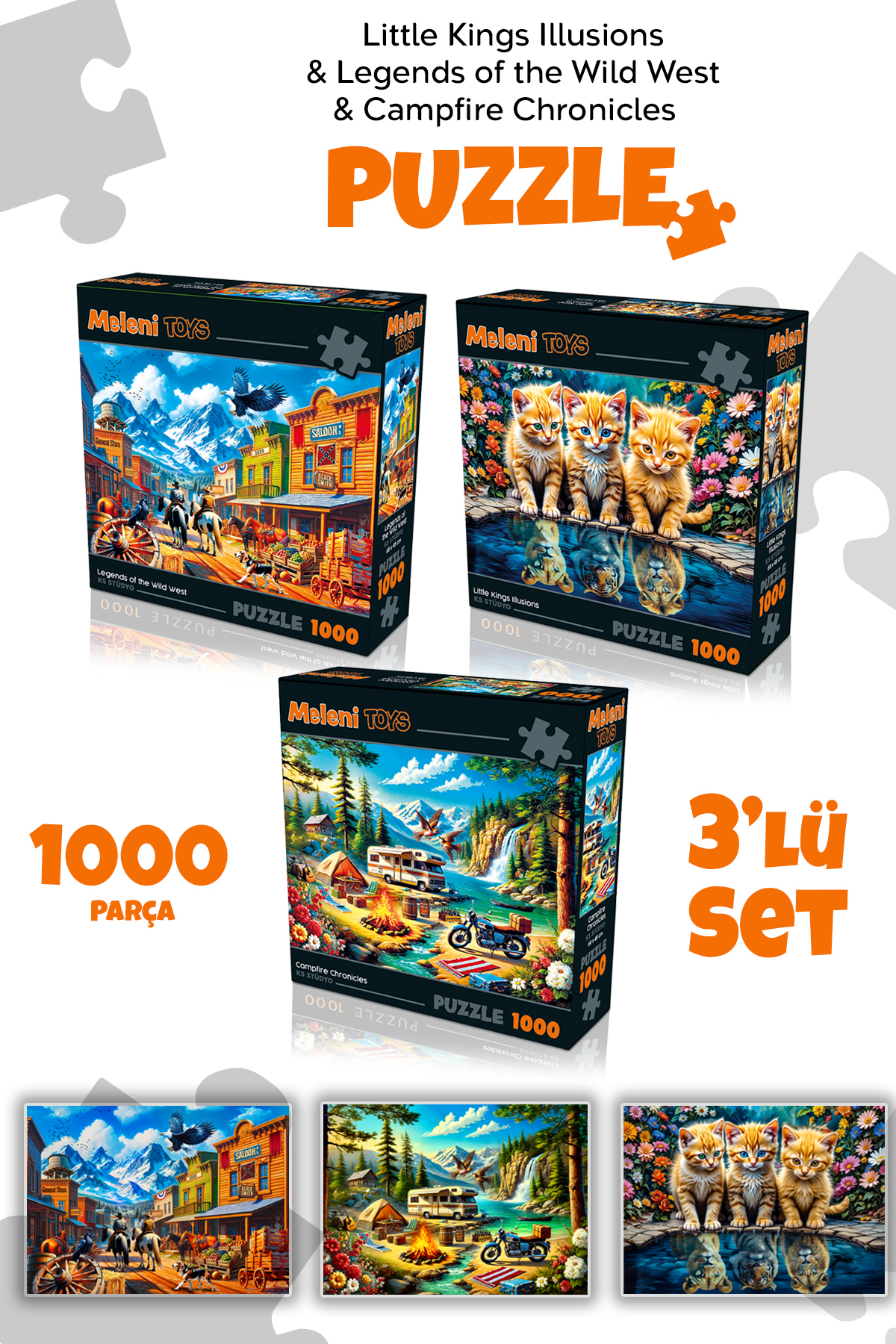 Meleni Toys 3 Adet 1000 Parça Puzzle - Kamp Ateşi, Aslan Kral Kedi ve ...