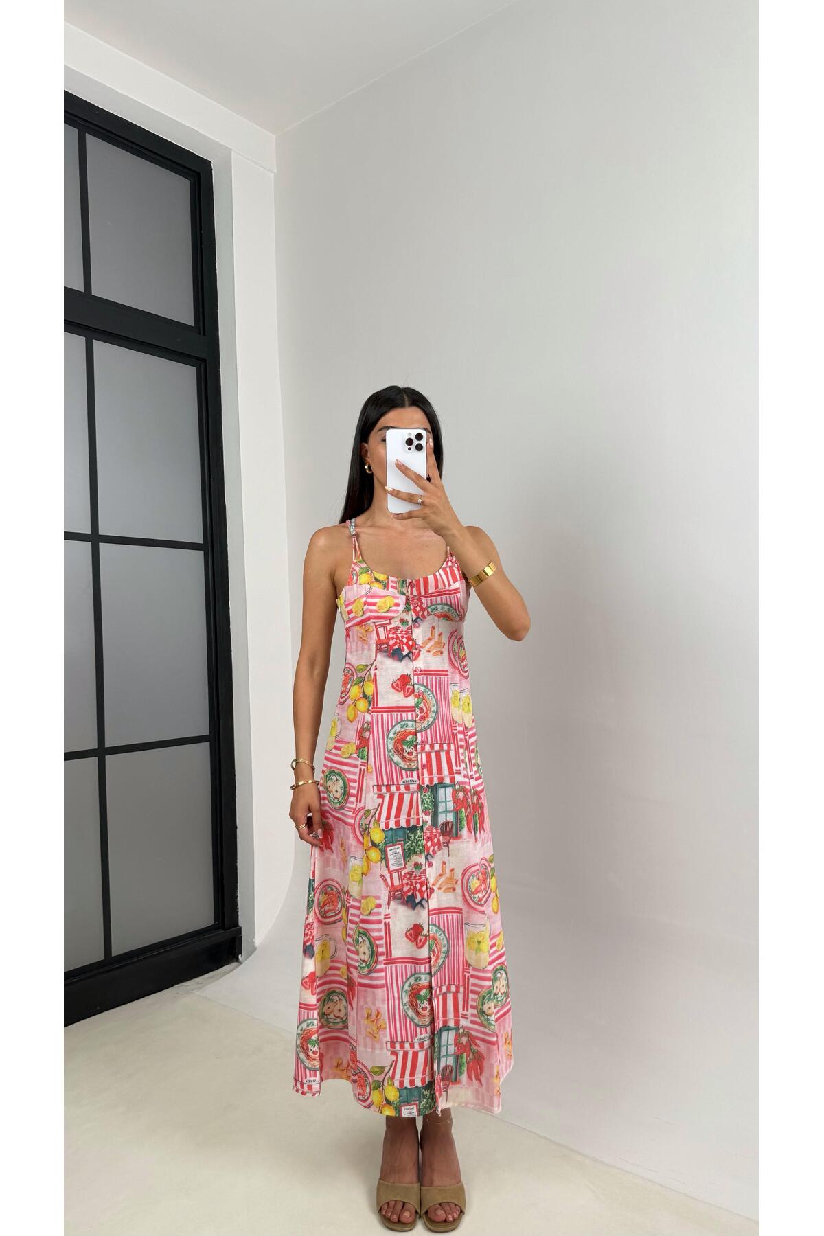 Gaus Pembe Desenli Önü Düğmeli Sırt Dekolteli Pinterest Keten Elbise ...