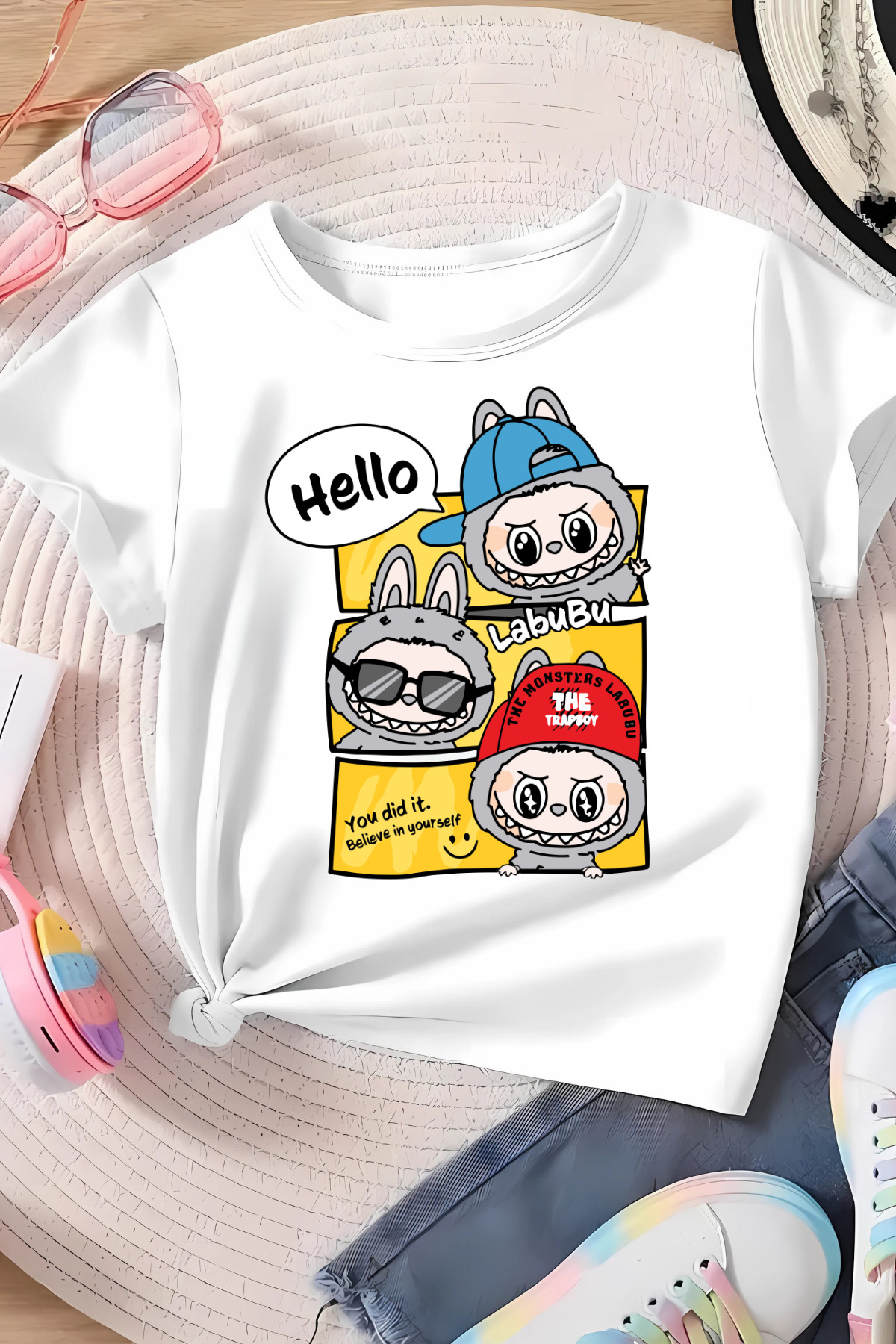 MECH BUTİK Labubu Baskılı Siyah-Beyaz Kadın-Erkek Tişört T-shirt ...