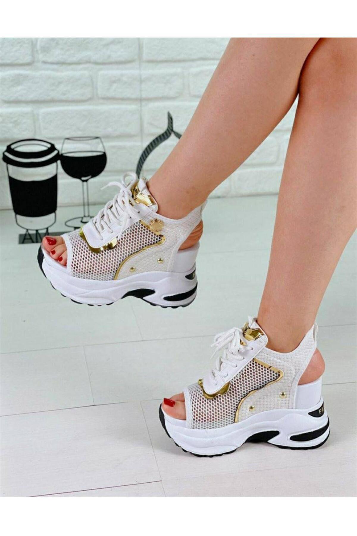 NUA BreezeNet Beyaz File Detaylı 10 Cm Yüksek Topuk Yazlık Kadın ...