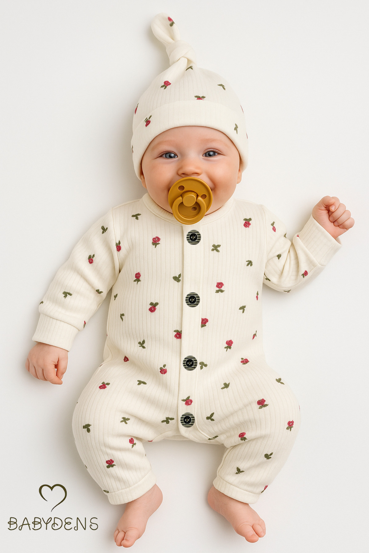 BABYDEN'S Çiçek Desenli Manşetli Ribana Bebek Tulum & Şapka Seti %100 ...