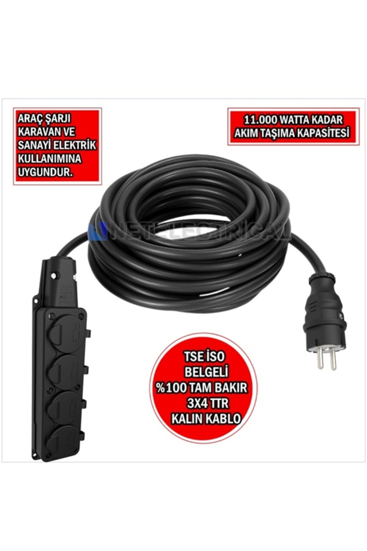 NETELECTRİCAL 4'LÜ 7 METRE 3X4 TTR TAM BAKIR KALIN KABLOLU BEMİS KAUÇUK ...