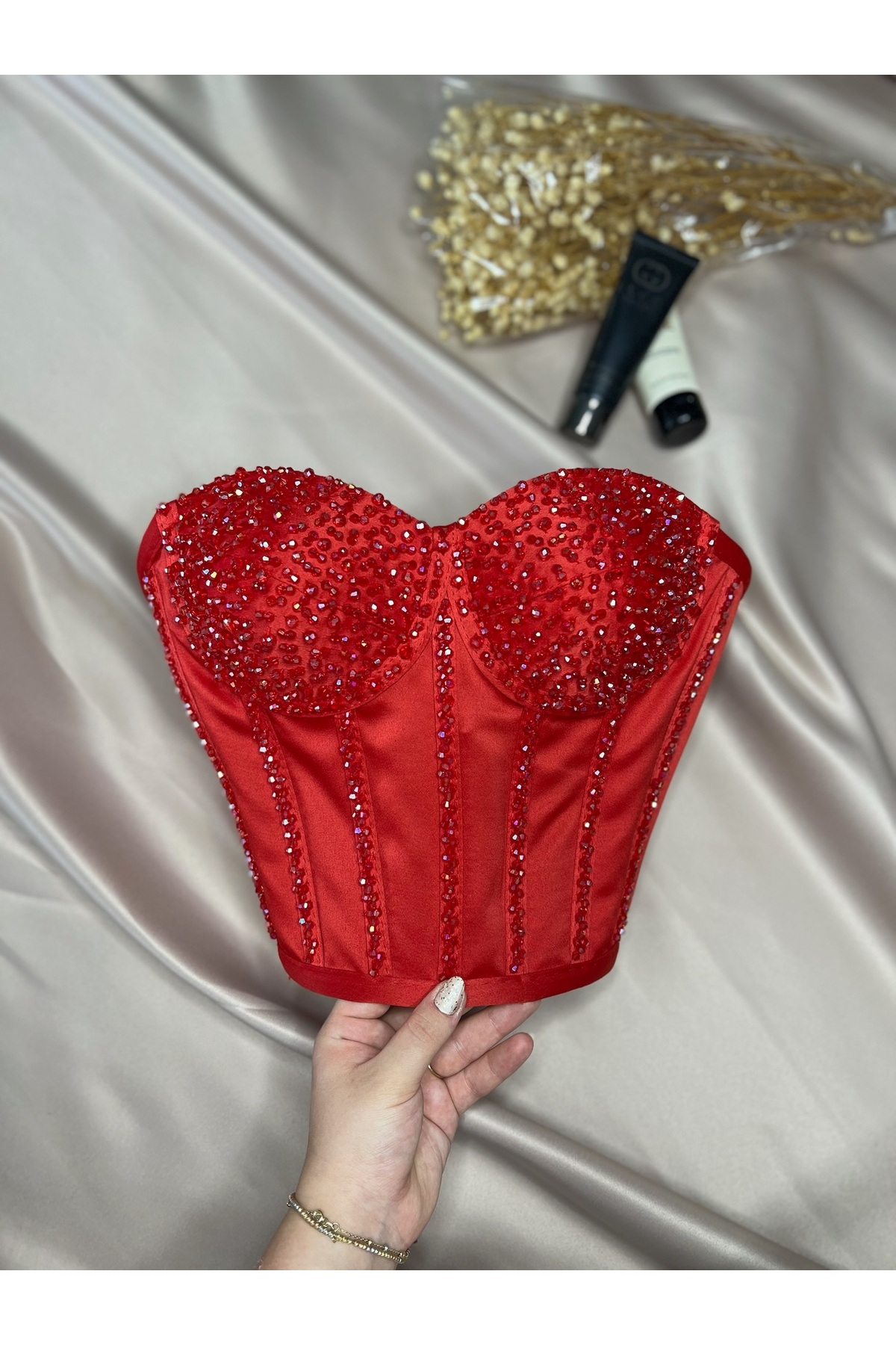 Metay Design Satin Full Stone Embroidered Corset Bustier Stone Model ...