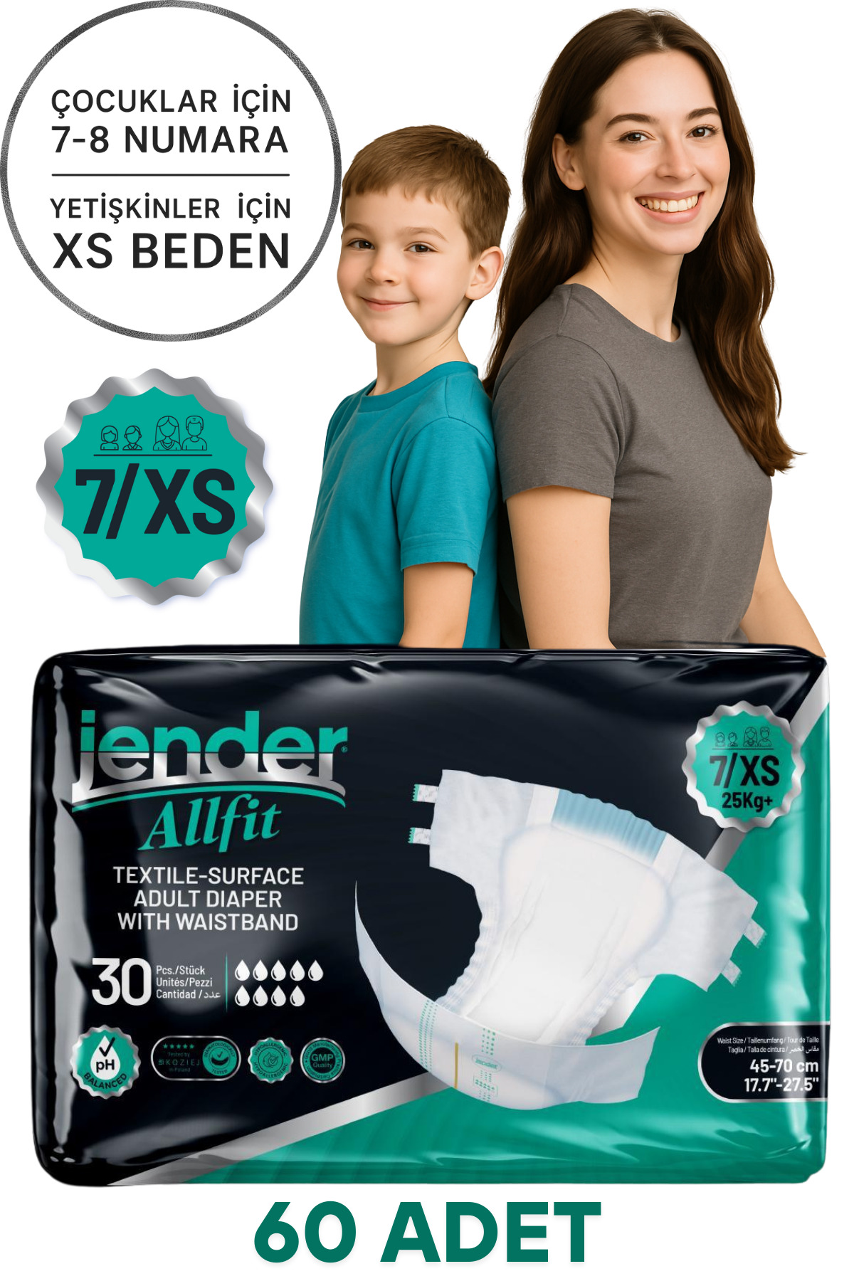 JENDER All Fit XS Bel Bantlı Bebek bezi 25+ KG Özel Beden 30'lu 2 Paket ...