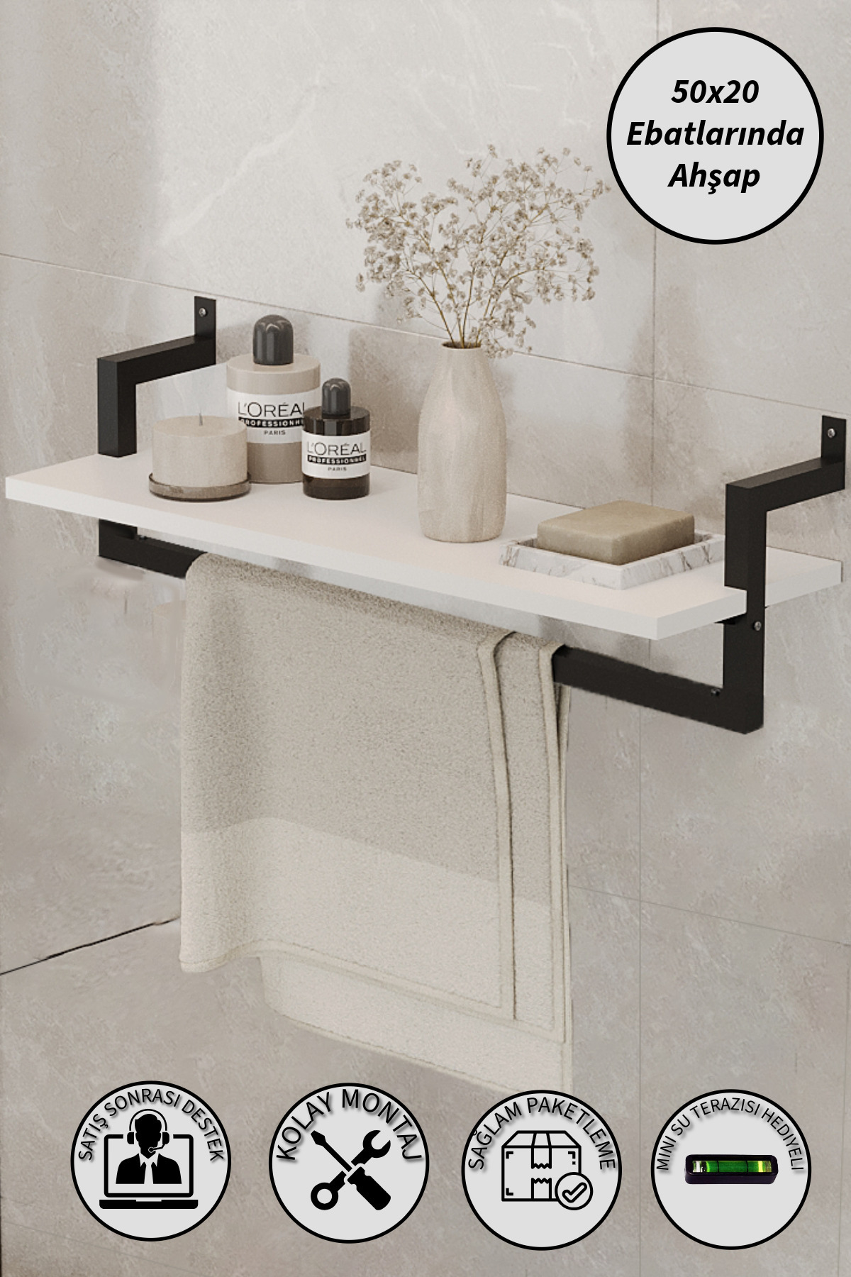 Euromob Tek Raflı Beyaz Banyo Rafı, Havluluk | Siyah Profil | 50x20 ...