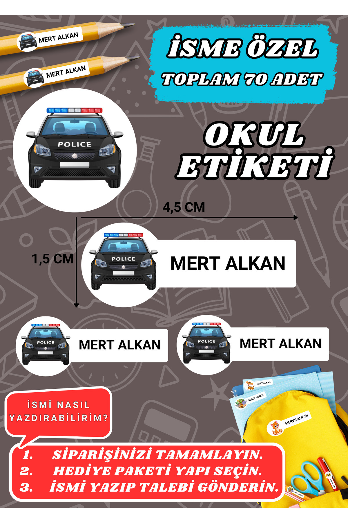 anka design Polis Arabası Police Temalı Okul Etiketi Defter Kalem Kitap ...