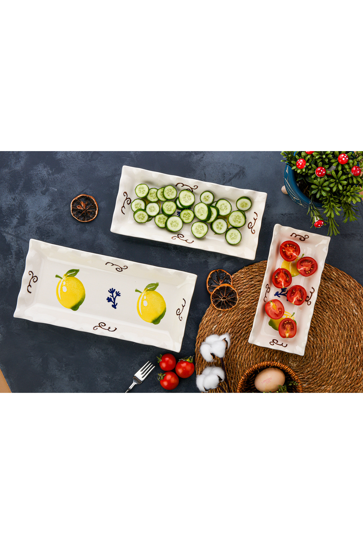 Sezka Life 3 Parça Seramik Servis Tabağı Dikdörtgen Kahvaltı,Çerez ...