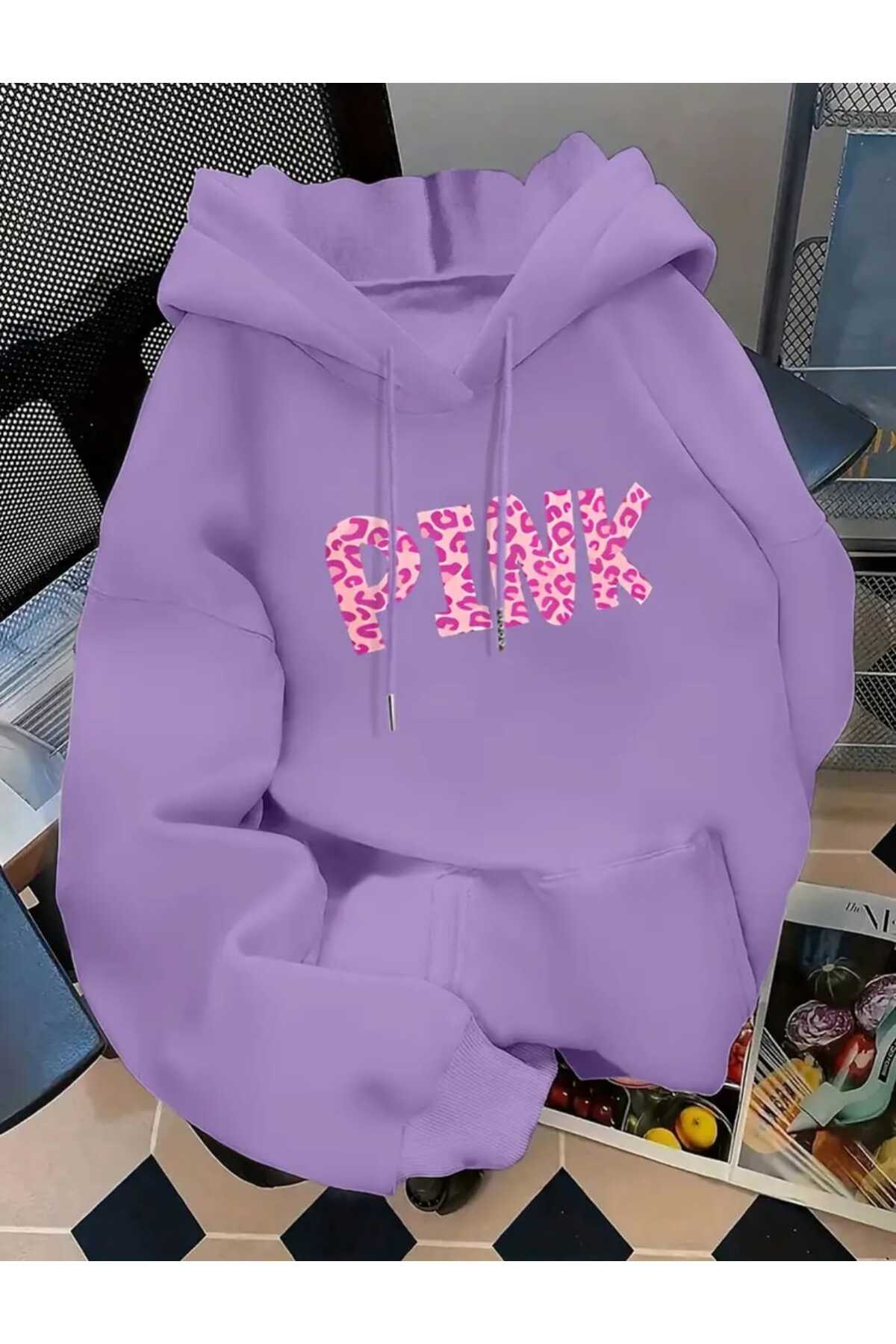 caddekombin Pink Desen Baskılı Kapüşonlu Cepli Pamuklu Lila Sweatshirt ...