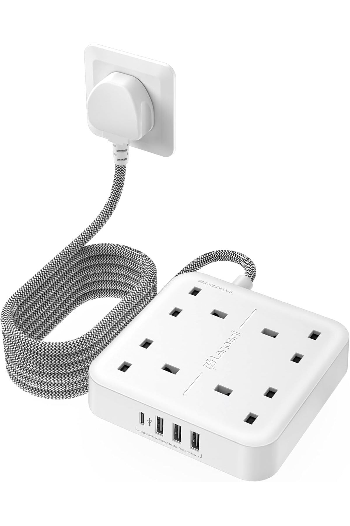 LENCENT شريط طاقة 8 في 1 مزود بـ 4 منافذ ومنفذ USB C، سلك مضفر بطول 3 ...