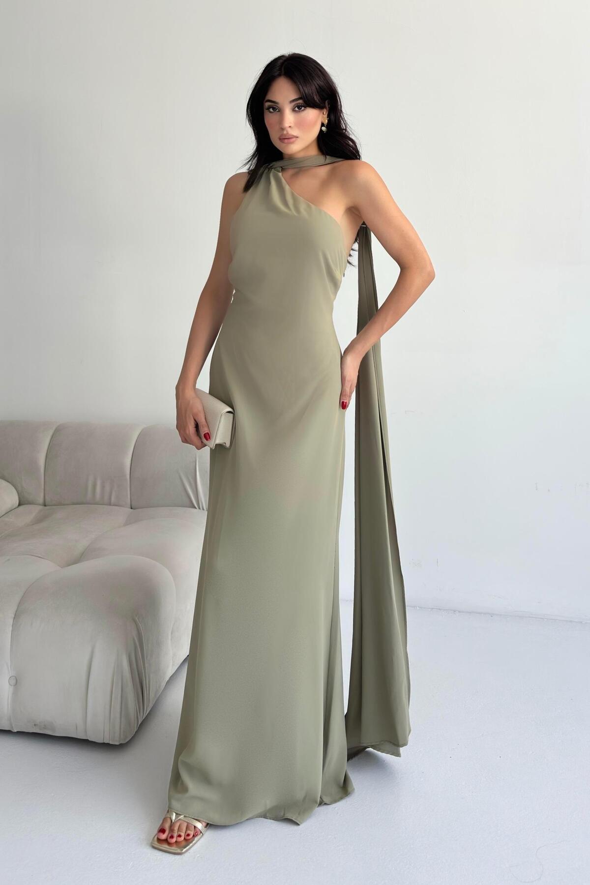 Serica Moda Haki Fular Detaylı Tek Omuz Elbise - Fiyatı, Yorumları