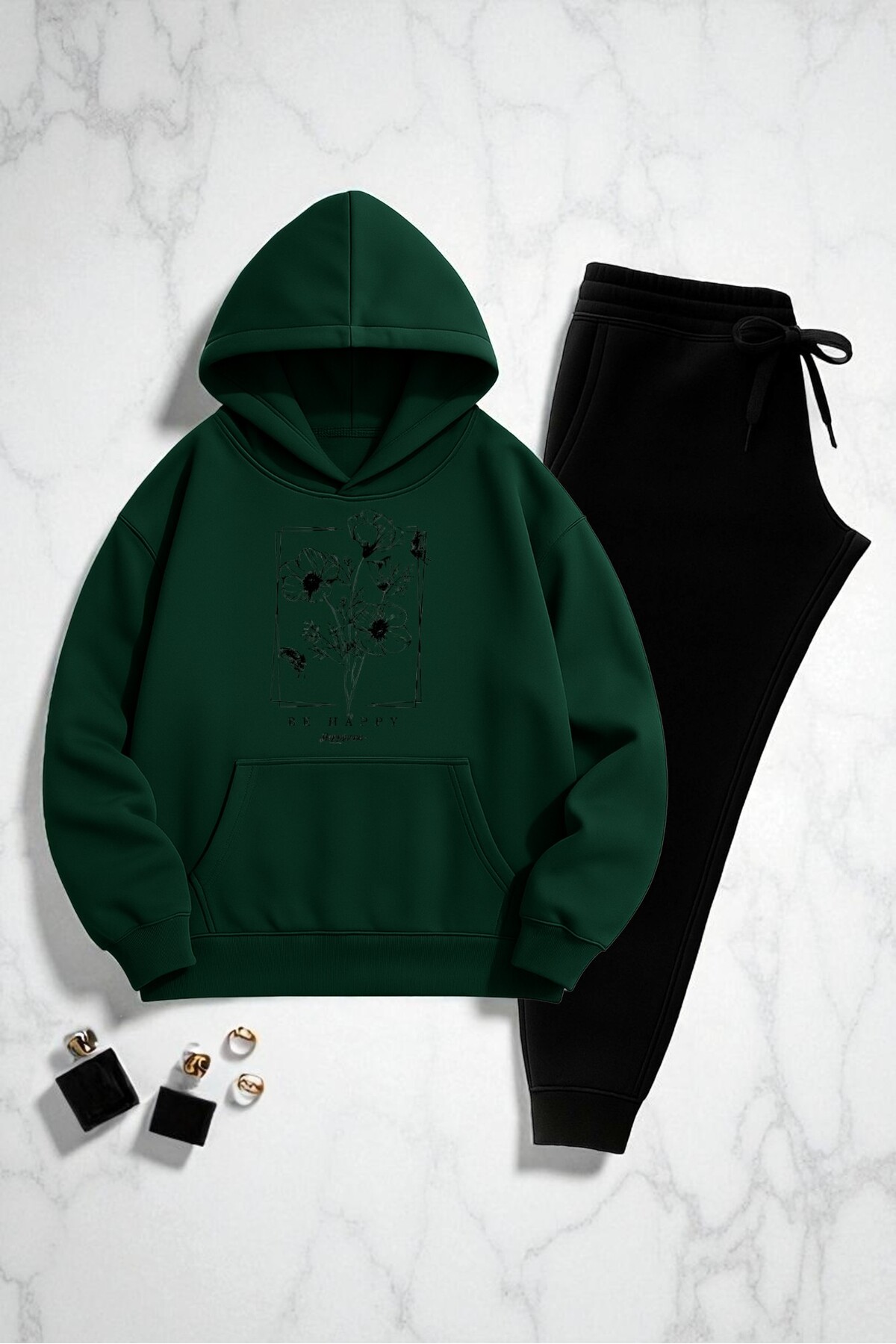 uyguntarz Set de hanorace oversize unisex cu imprimeu Be Happy- Trendyol