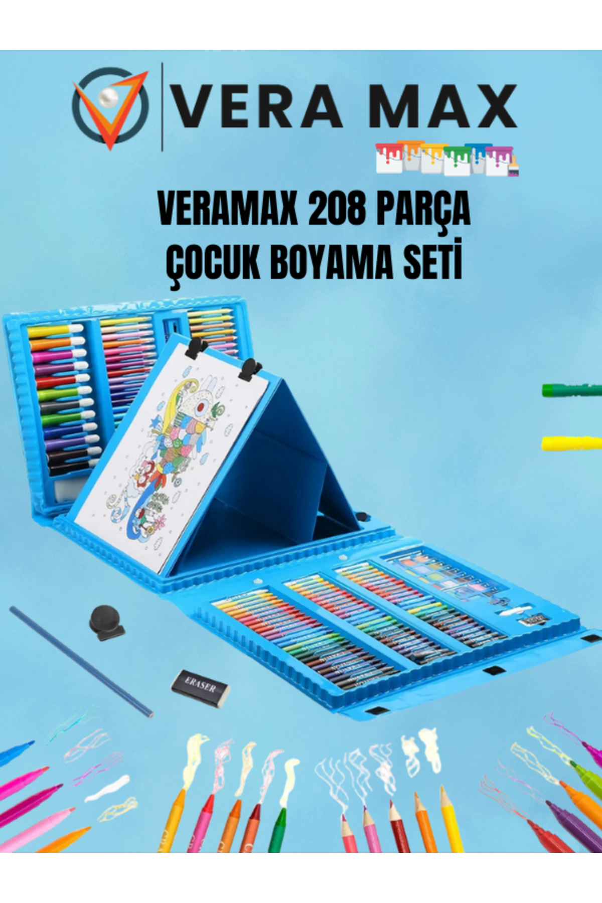 veramax 208 Parça Çocuk Boyama Seti Fırça,Kalem,Renk Paleti Sulu,Pastel ...