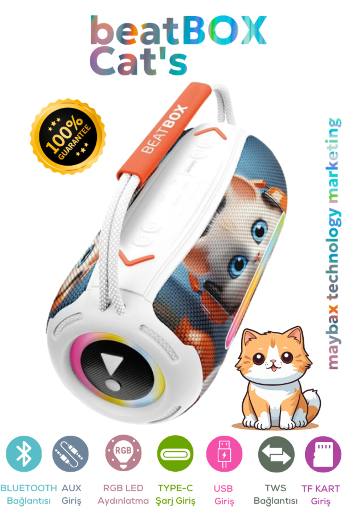 Maybax Beatbox Animals Kedi Led Işıklı Dayanıklı Ses Bombası Usb Sd Aux ...