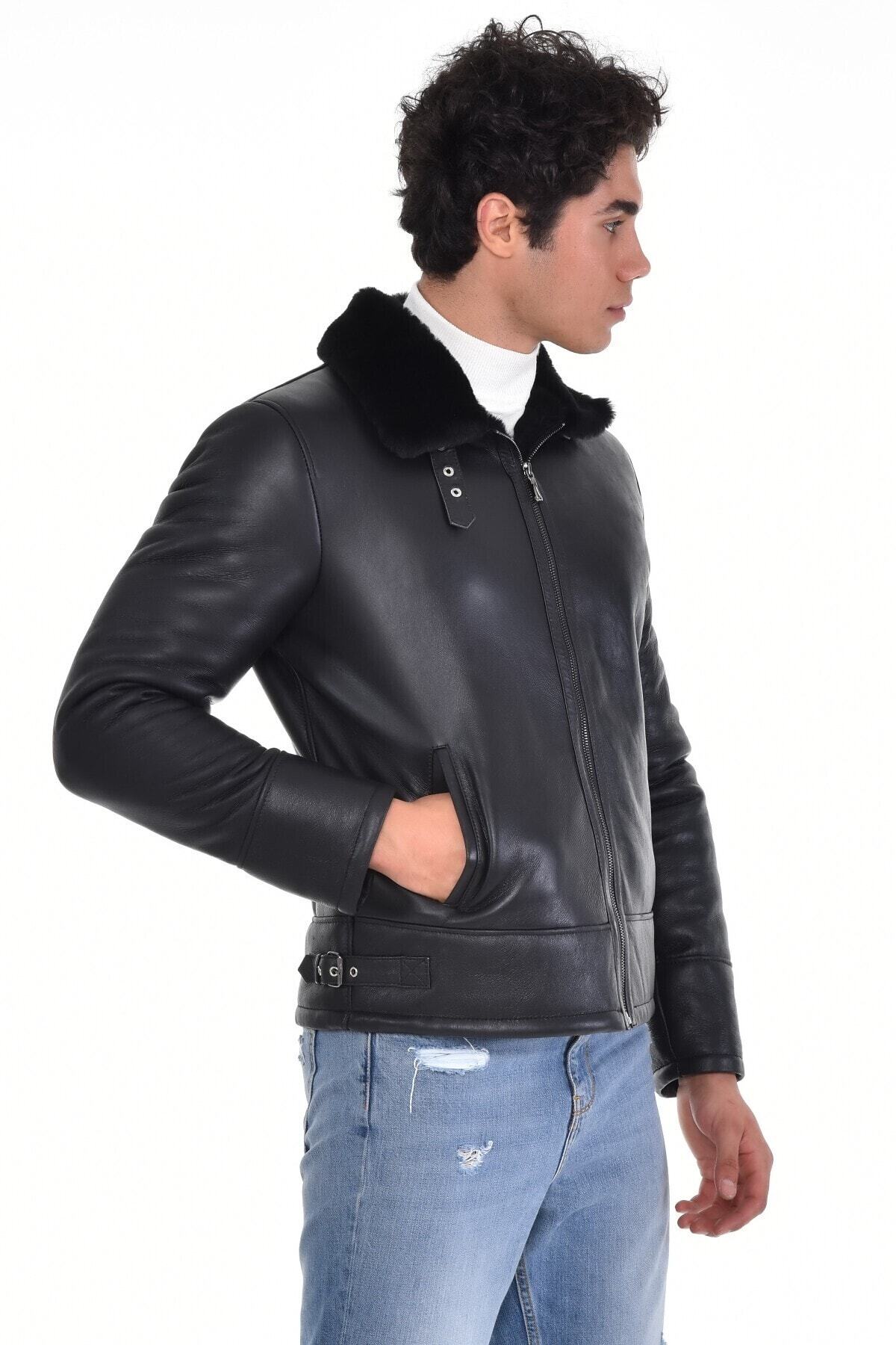 Derimont's Genuine Leather Fur Collar Black Men's Leather Coat Leather ...
