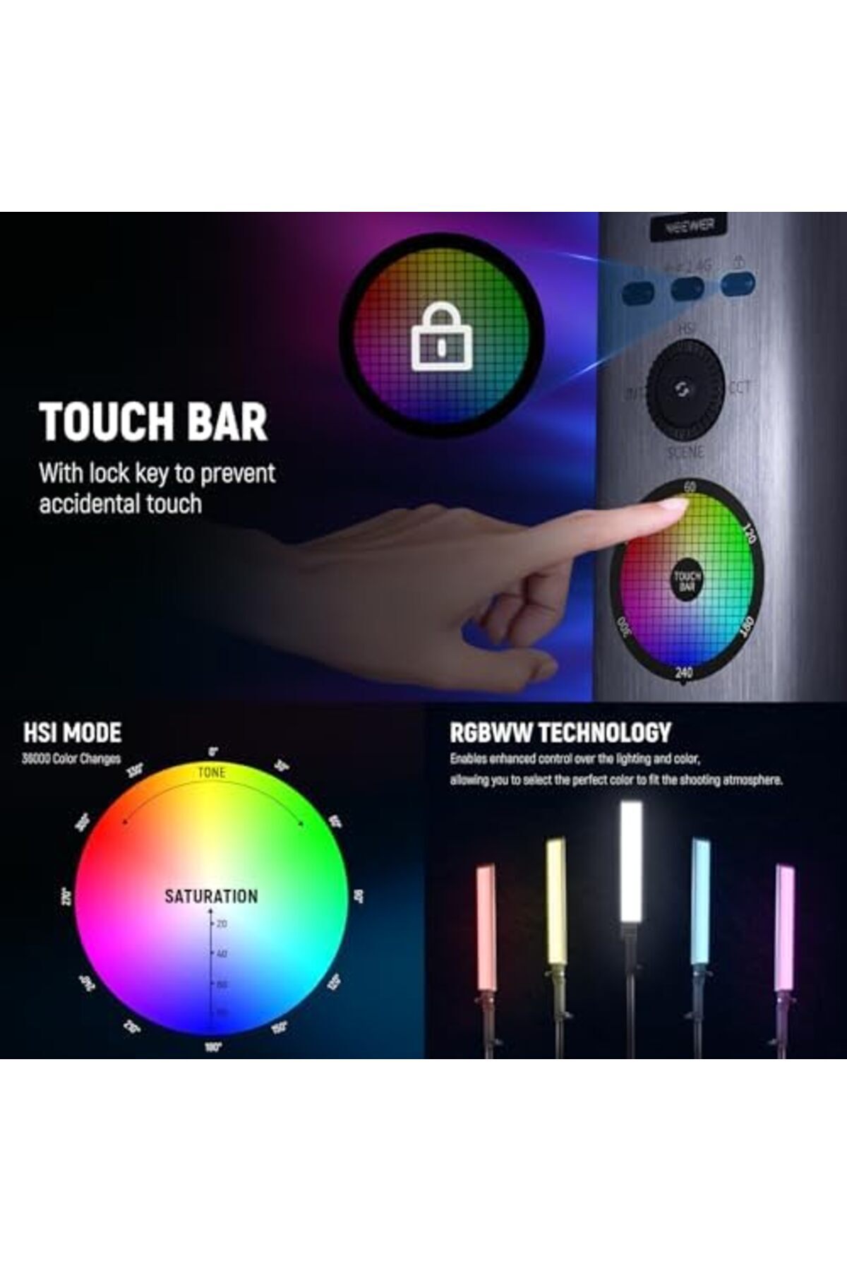 NEEWER RGB Light Wand with 2.4G/APP Control, Upgraded 360° Touchable ...