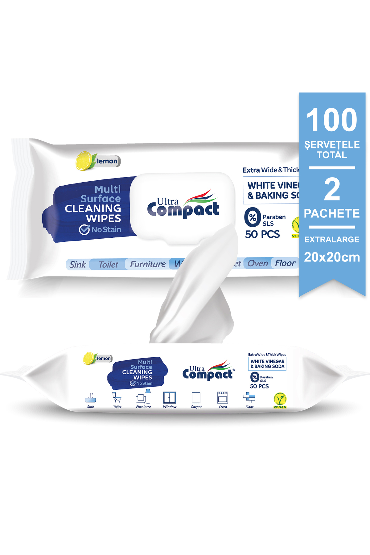 Ultra Compact Multi-Surface Wet Wipes with Vinegar and Baking Soda, 2 ...