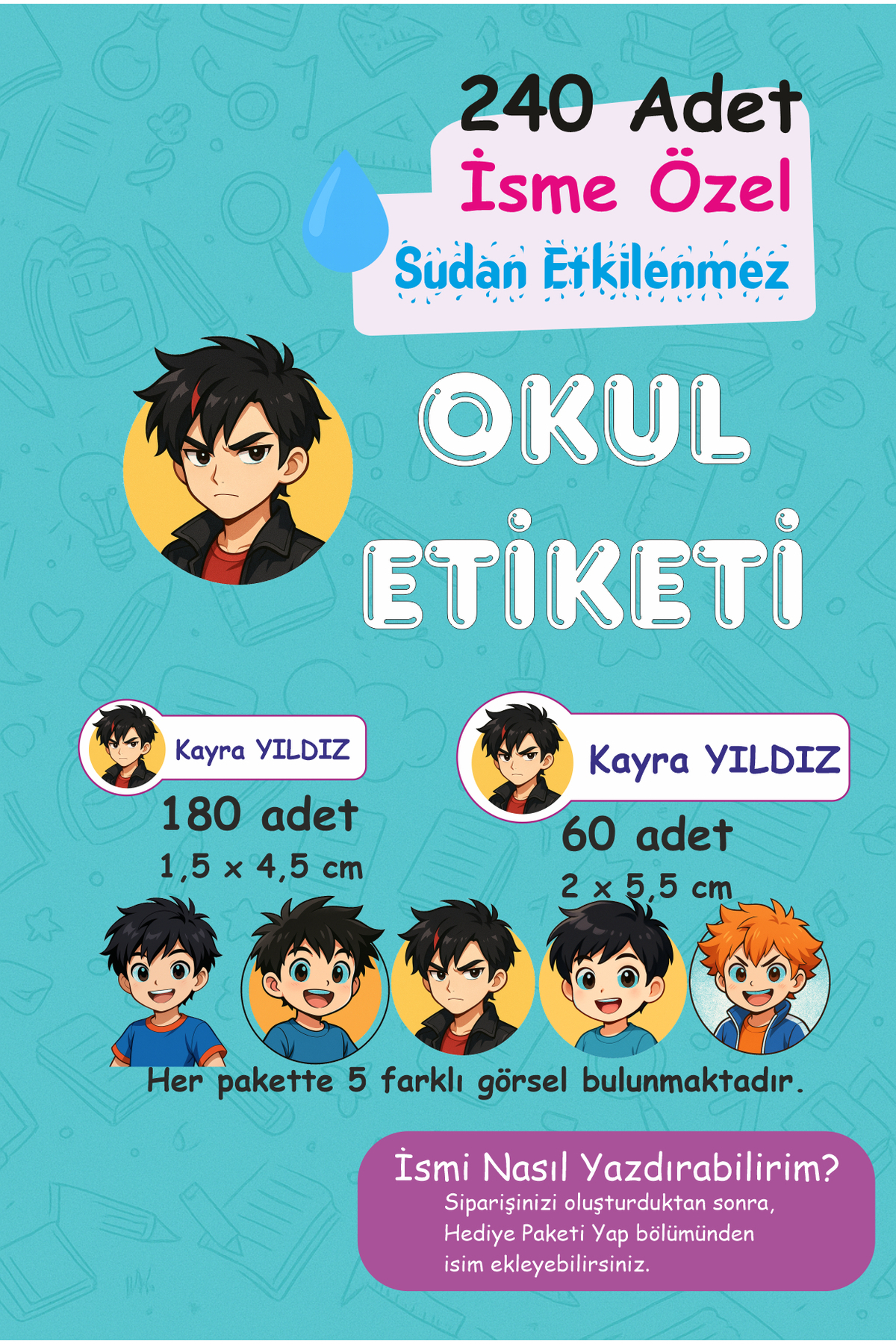 Genel Markalar kore anime Okul Etiketi 240 Adet Kalem Defter Kitap ...