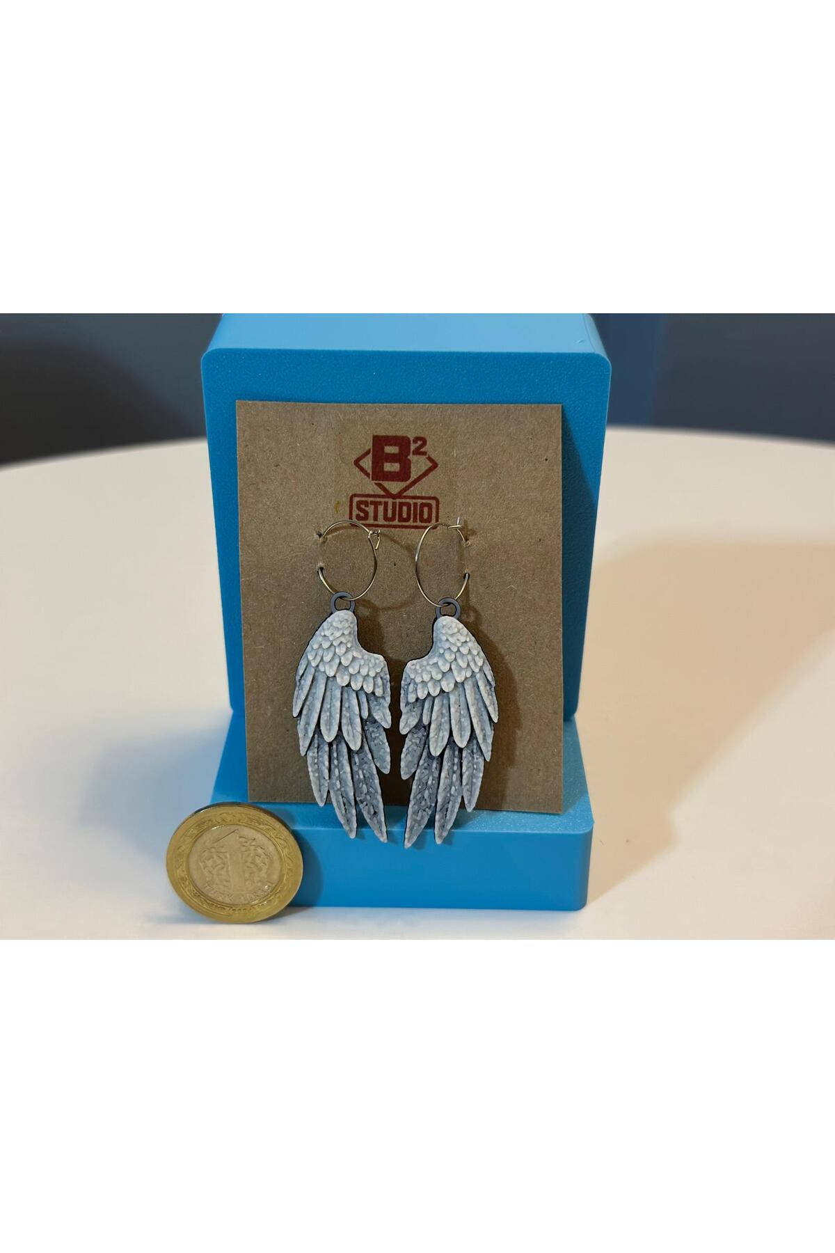 B2 Studio El Yapımı 3D Baskı Melek Kanadı Küpe – Beyaz & Gümüş Detaylı ...