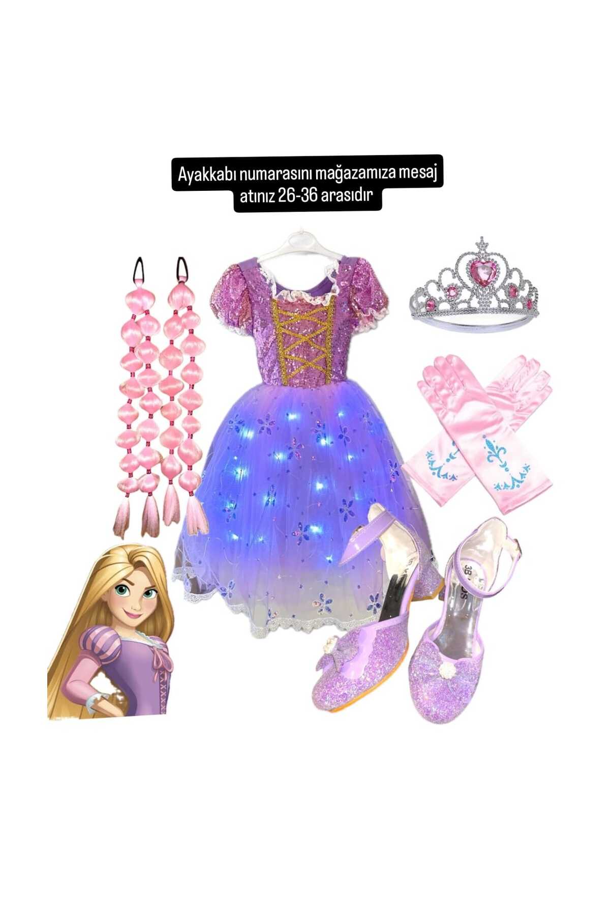 3b kids ışıklı rapunzel kostüm elbise pembe rapunzel bubble saç taç ...