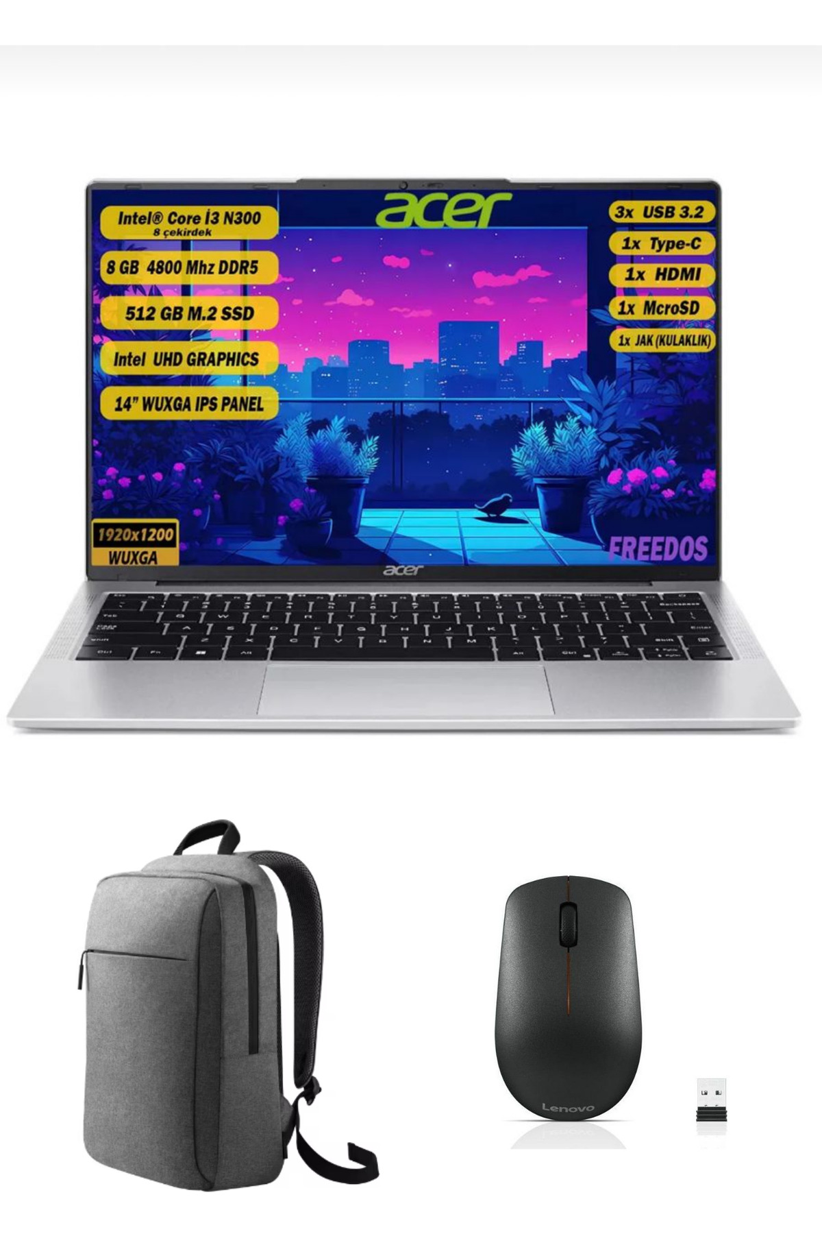 ACER Aspire Lite Intel Core i3-N300 8GB 512GB SSD Freedos 14" Dizüstü ...