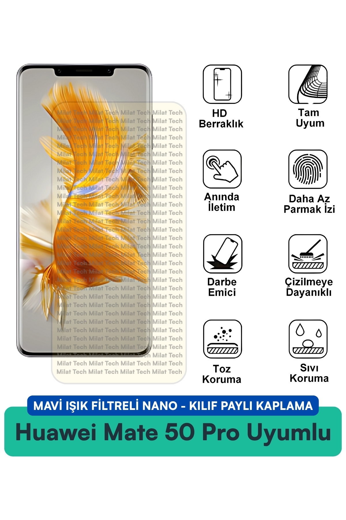 Milat Tech Huawei Mate 50 Pro Mavi Işık Filtreli Nano Kılıf Uyumlu ...