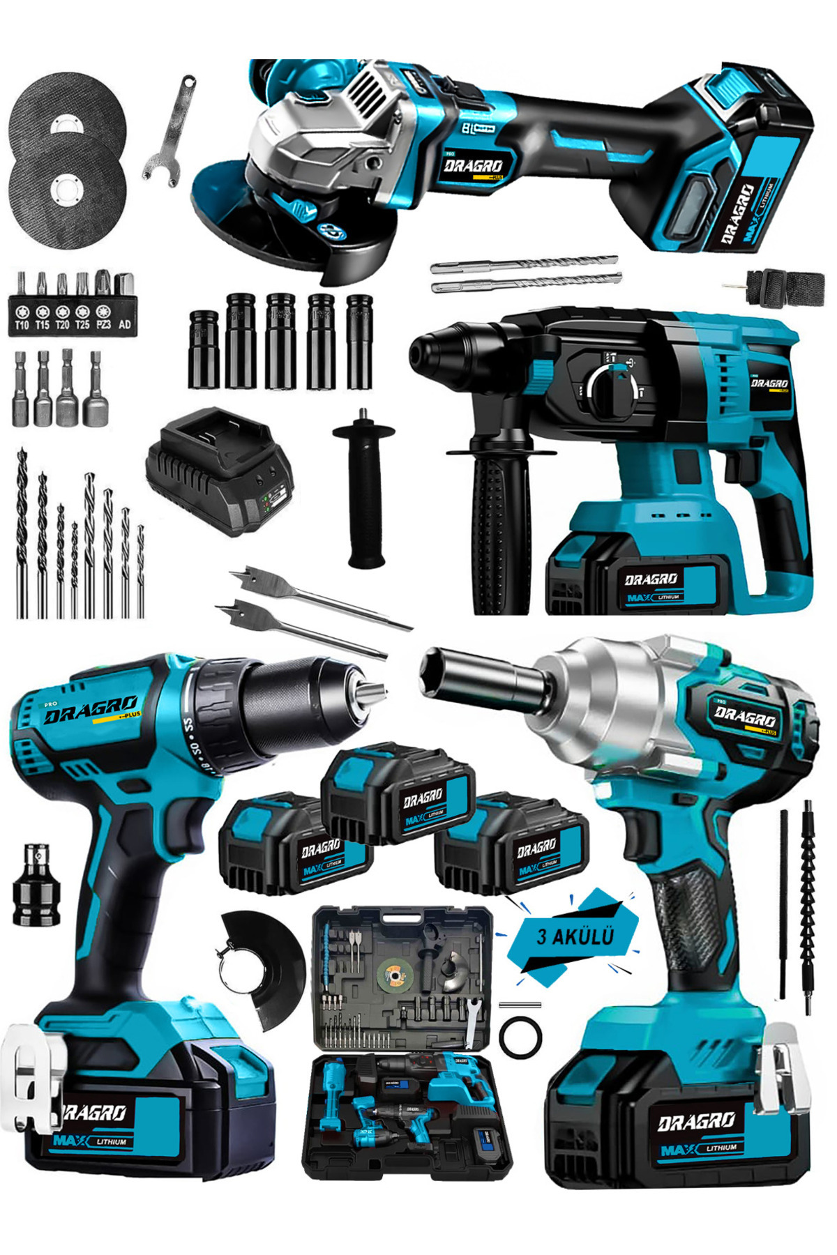 Dragro 21v 4x3 Pro 128 V 4'lü Set Kırıcı Delici Somun Sıkma Taşlama ...