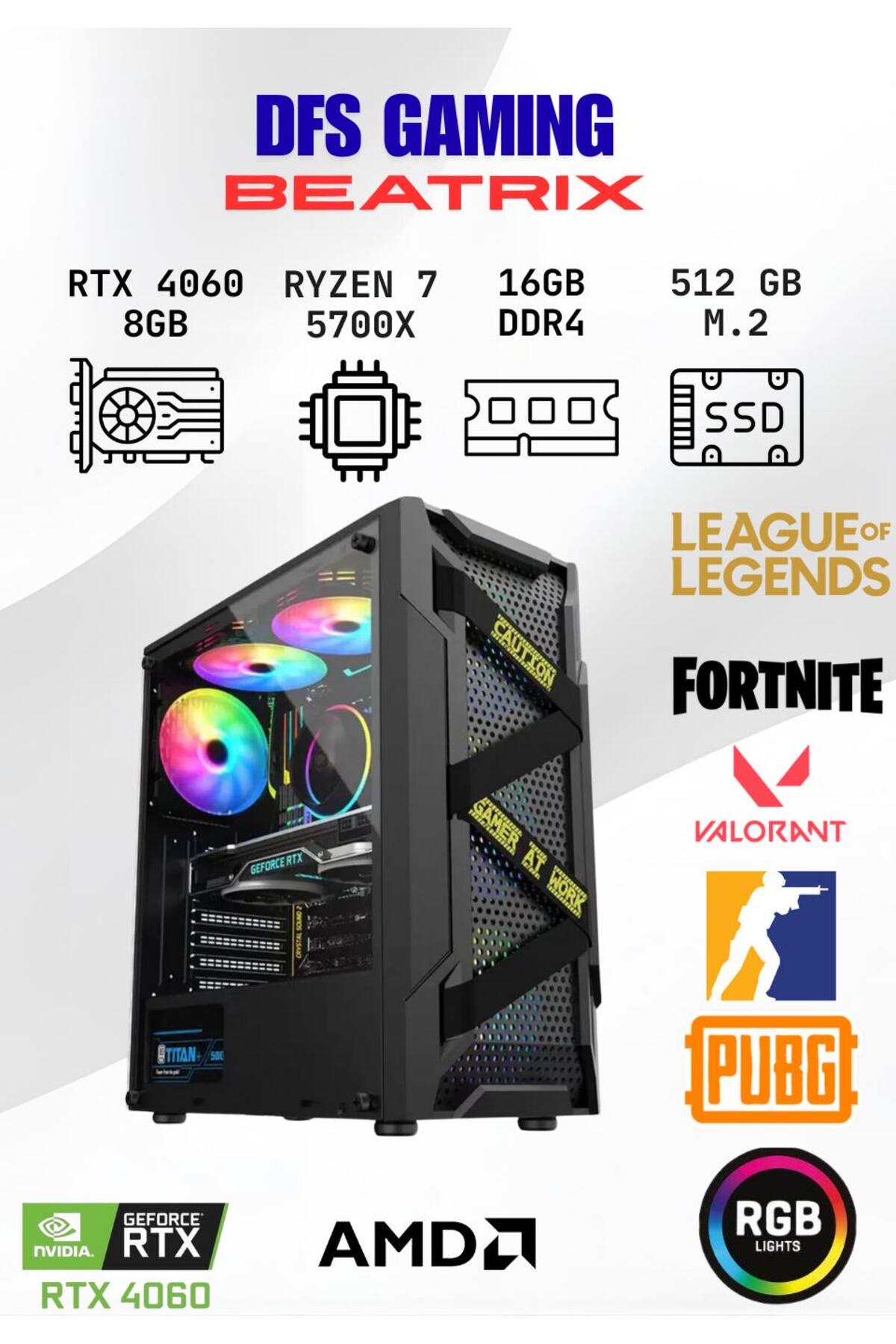 Gigabyte DFS Gaming BEATRIX RYZEN 7 5700X-A520M-RTX 4060 8GB-16GB RAM ...