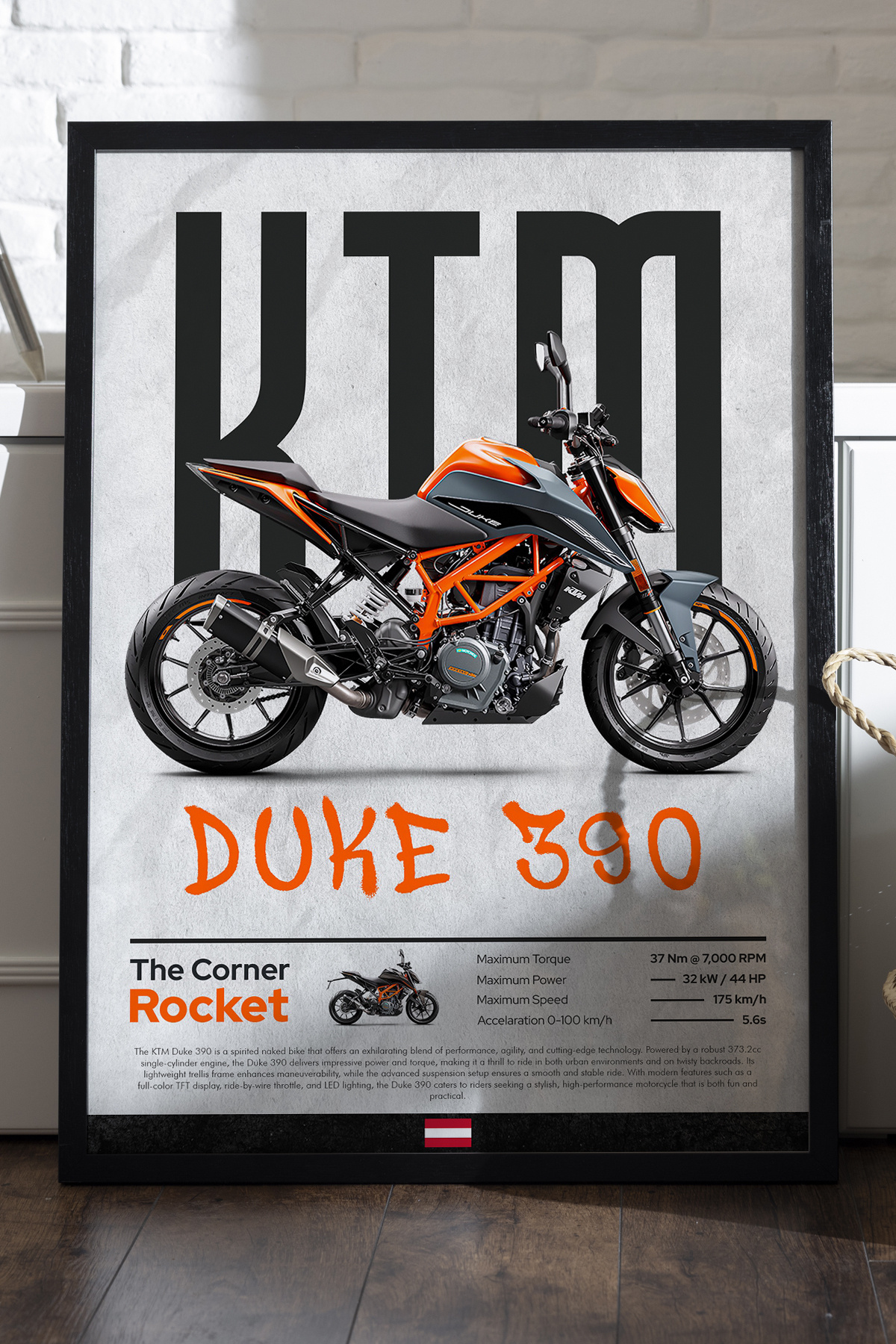 Duvarda KTM Duke 390 Siyah Ahşap Çerçeveli Poster, Dekoratif Motosiklet ...