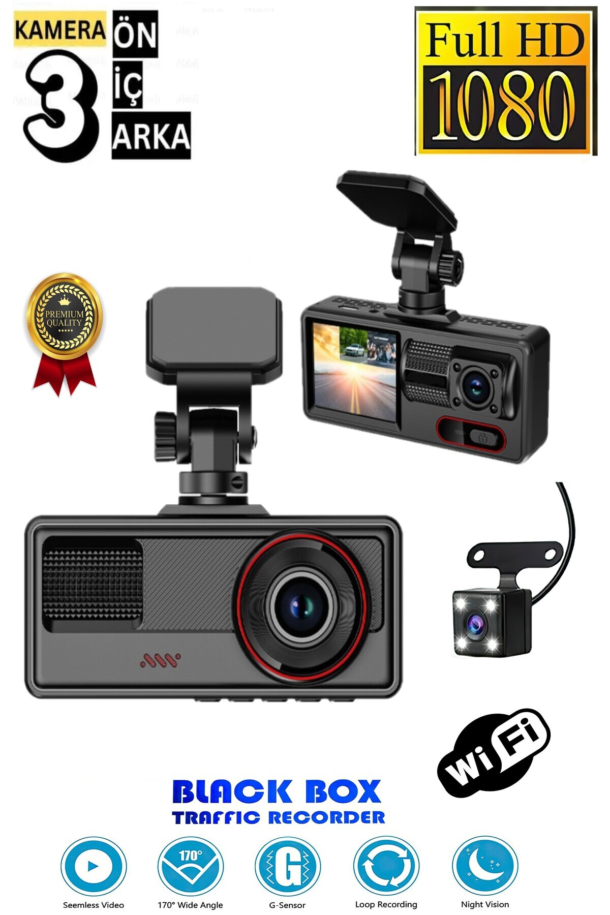 ROXİVA 1080P Full Hd Araç içi Kamera Ön Arka ve İç Kayıt 3 Kamera Gece ...