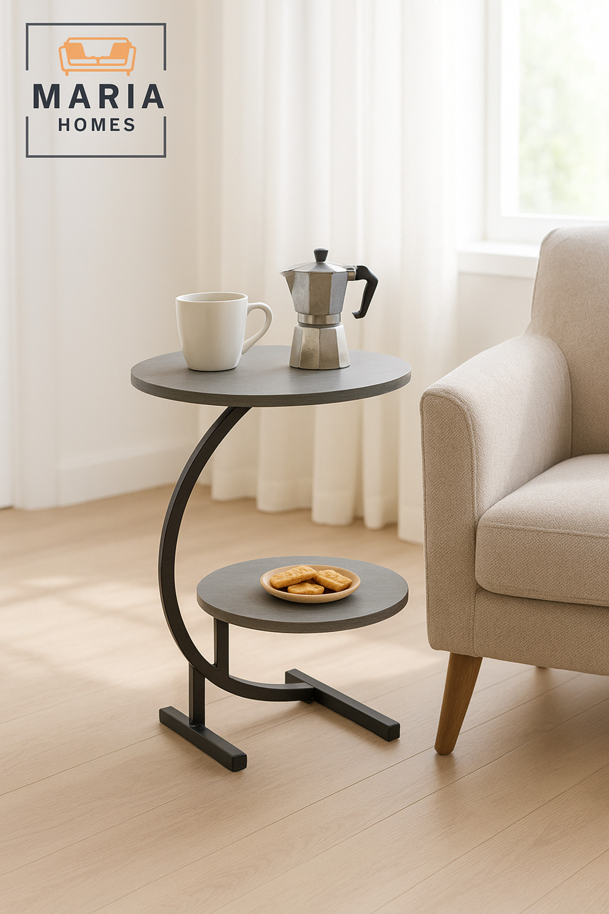 MARIA HOMES Modern Gray Round Side Table with Metal Frame – Two-Tier ...