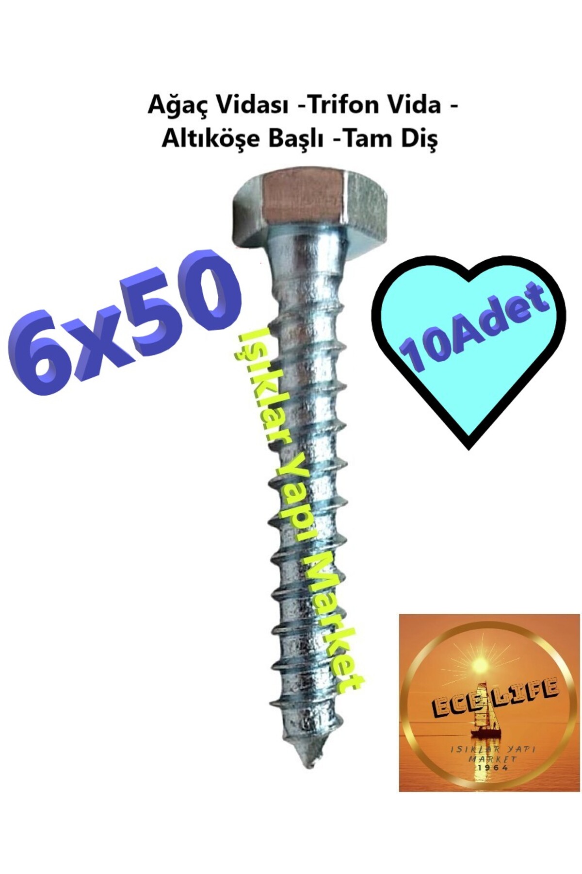 ece life Ağaç Vidası -Trifon Vida -Altıköşe Başlı -Tam Diş -6x50mm (Pk ...