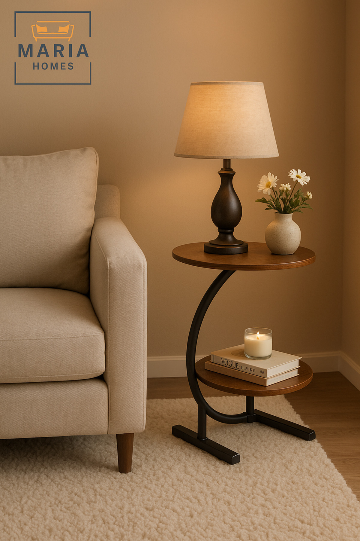 MARIA HOMES Modern Brown Round Side Table with Metal Frame – Two-Tier ...