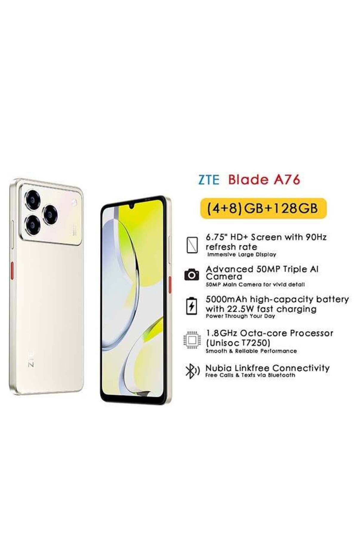 ZTE Blade A76 Dual SIM Sand Gold 4+8GB RAM 128GB 4G - Middle East ...