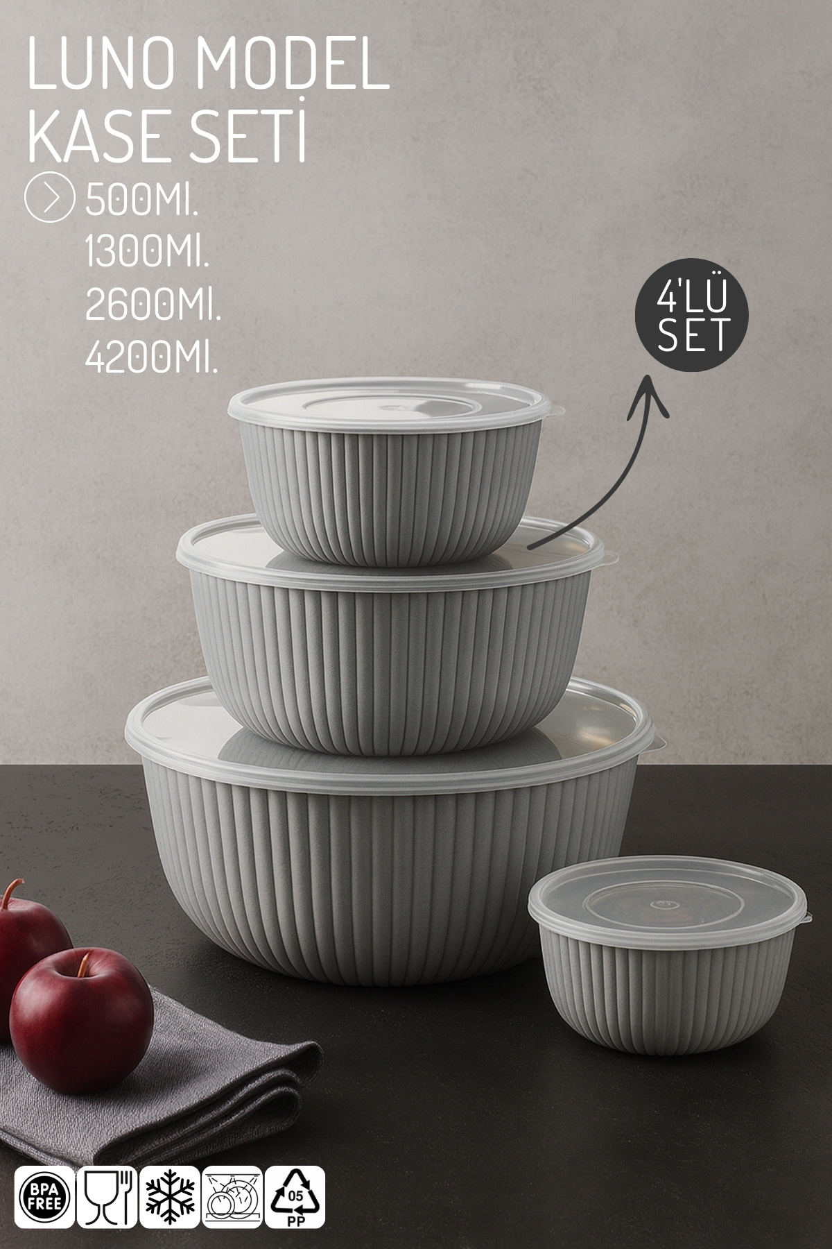 Nandy Home Luno Model 4’lü Kapaklı Kase Seti – 500/1300/2600/4200Ml ...