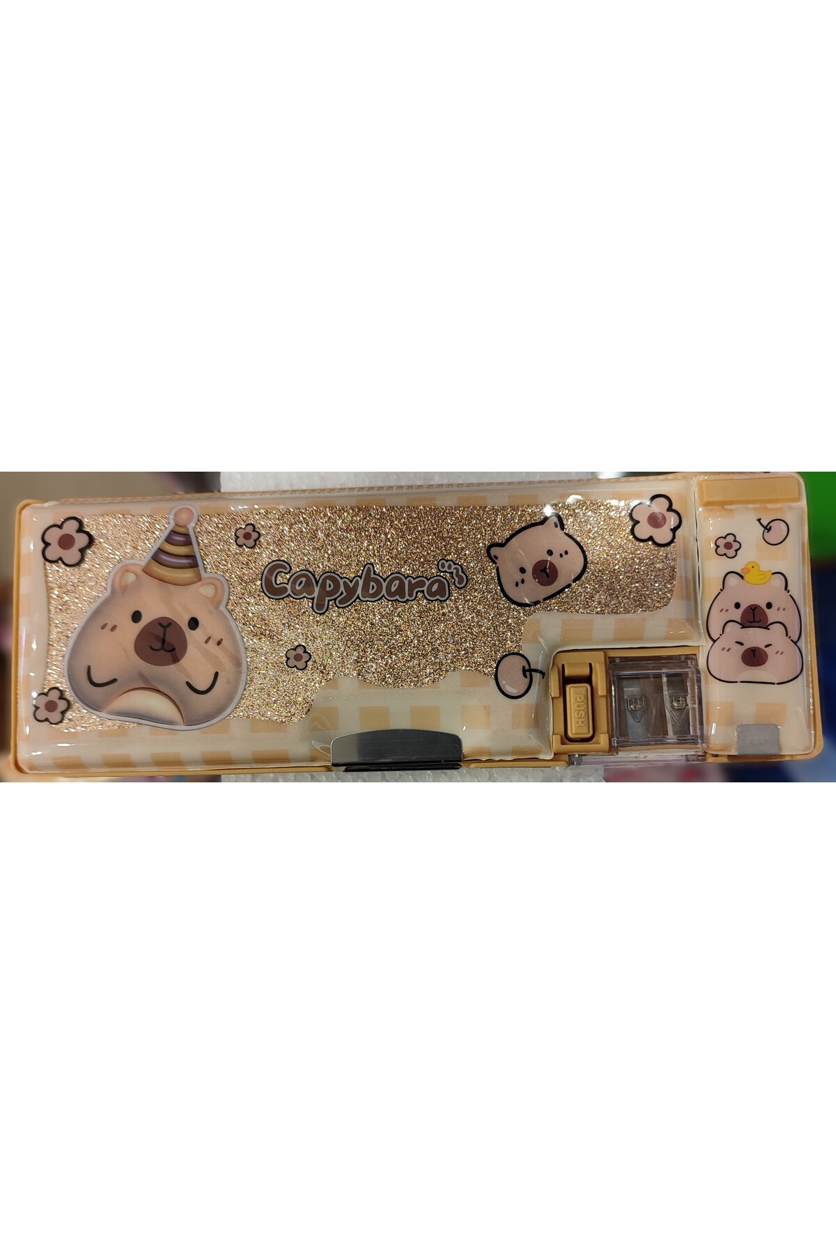 ada çanta kırtasiye capybara figürlü 3 bölmeli kalemtraşlı simli kalem ...