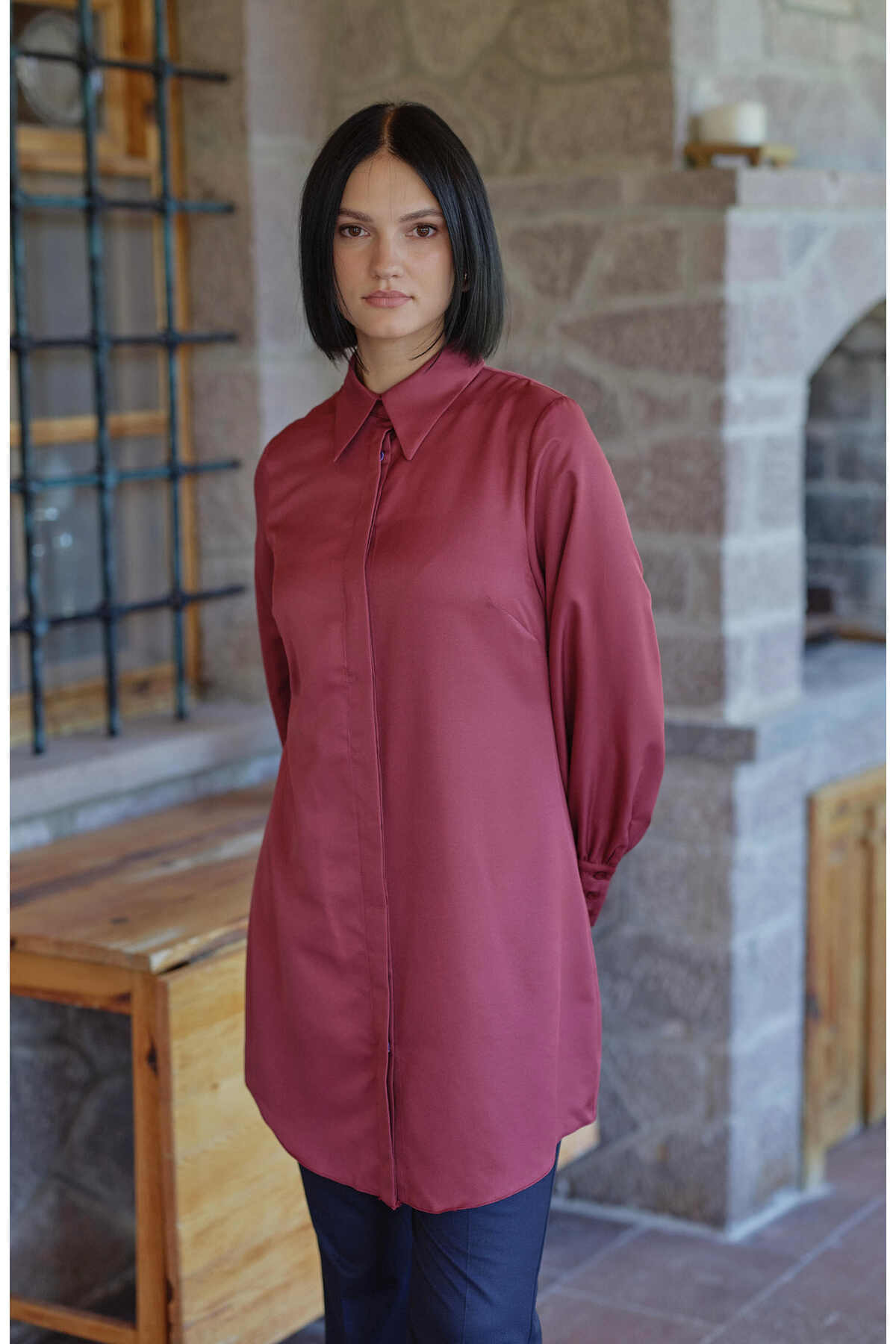 Fatma Atasoy Balloon Sleeve Burgundy Midi Shirt- Trendyol