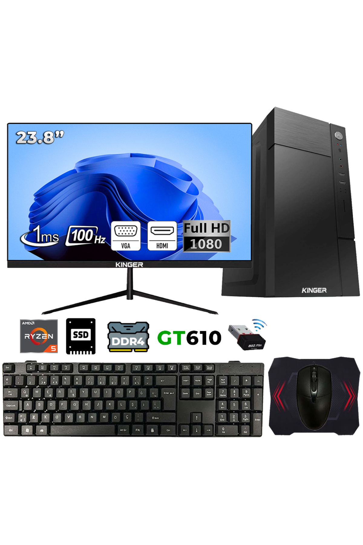 KİNGER KX610 Ryzen 5 3600 8GB Ram 256GB SSD 2GB GT610 23.8" Ultra ...